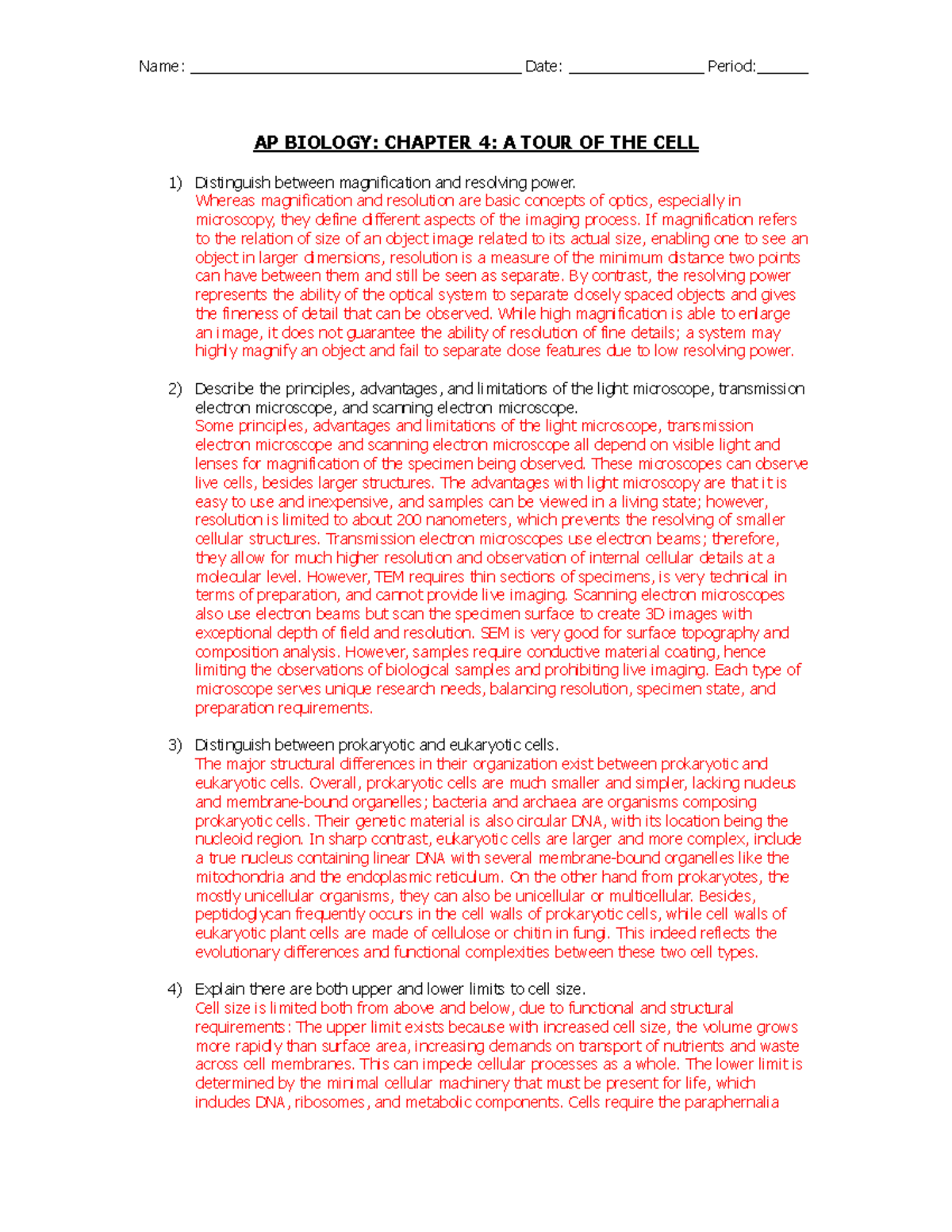 Chapters 4- 0 Review WKT - AP BIOLOGY: CHAPTER 4: A TOUR OF THE CELL ...