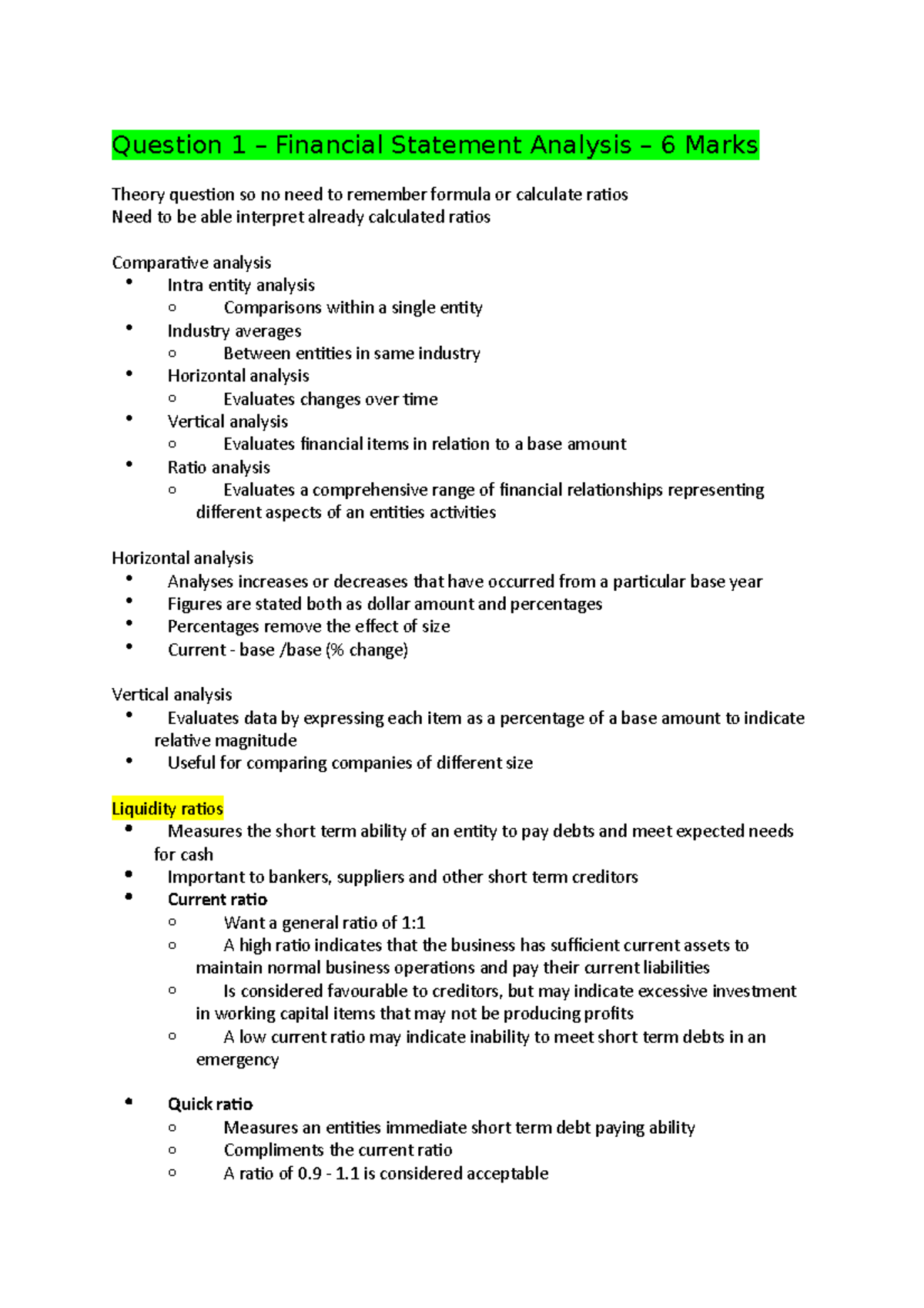Test Notes - Question 1 – Financial Statement Analysis – 6 Marks Theory ...