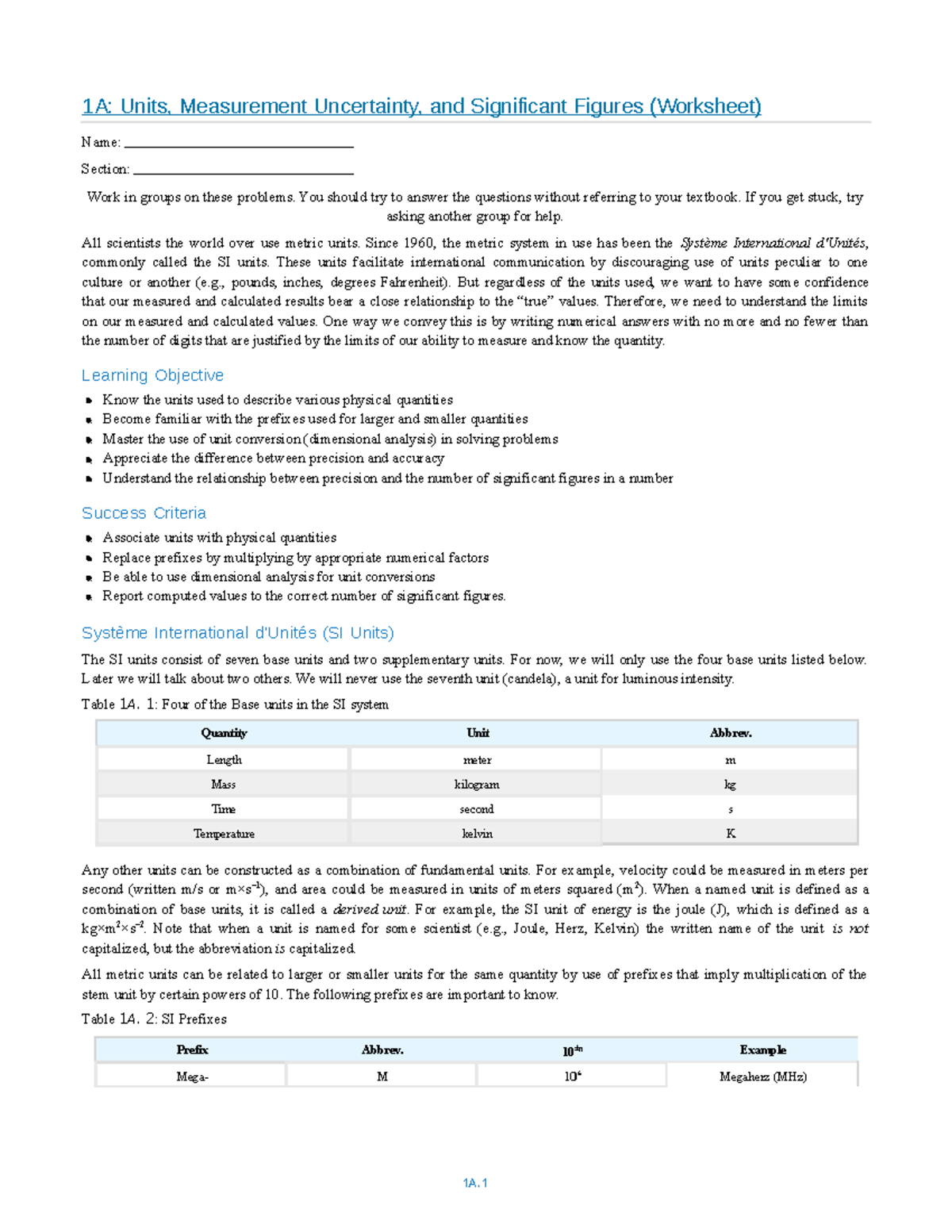 01A Units Measurement Uncertainty and Significant Figures Worksheet ...