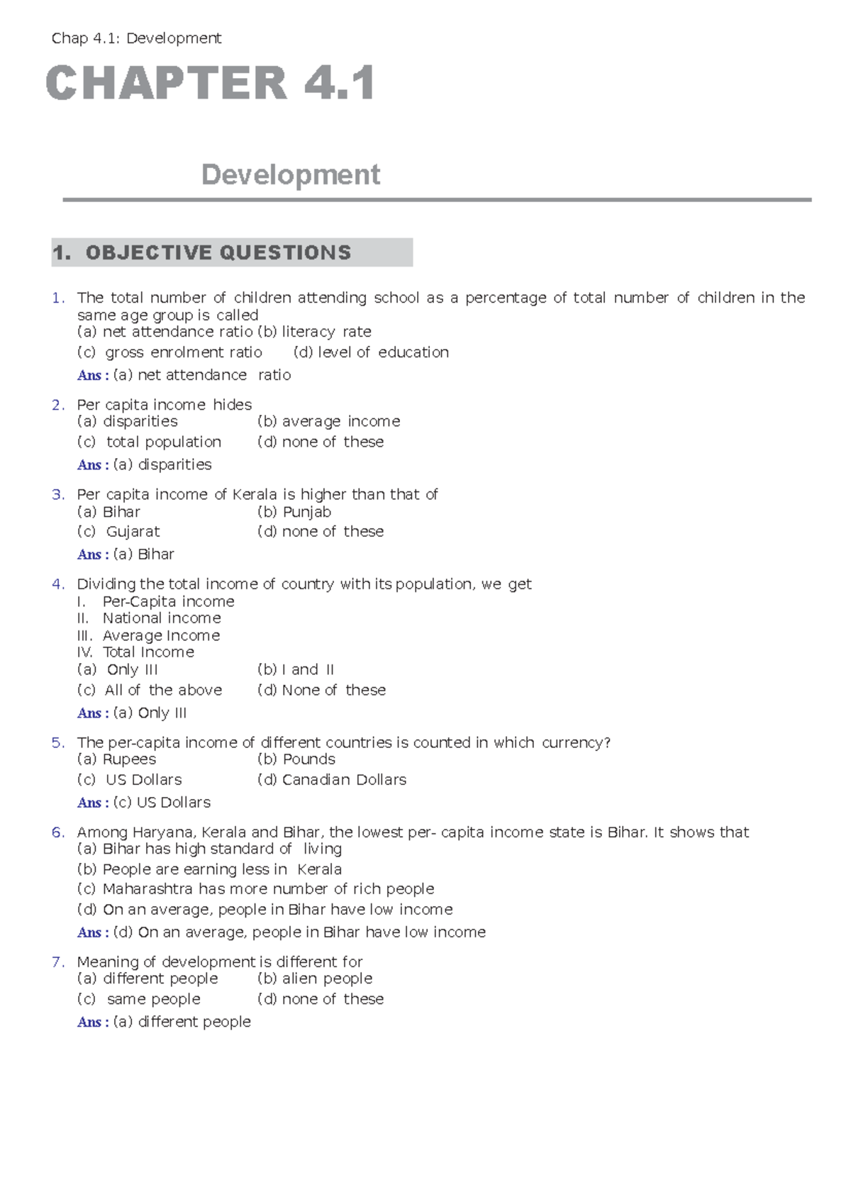CBSE Class X Econmics CH 1 Development ALL Questions - CHAPTER 4. Development 1. OBJECTIVE ...
