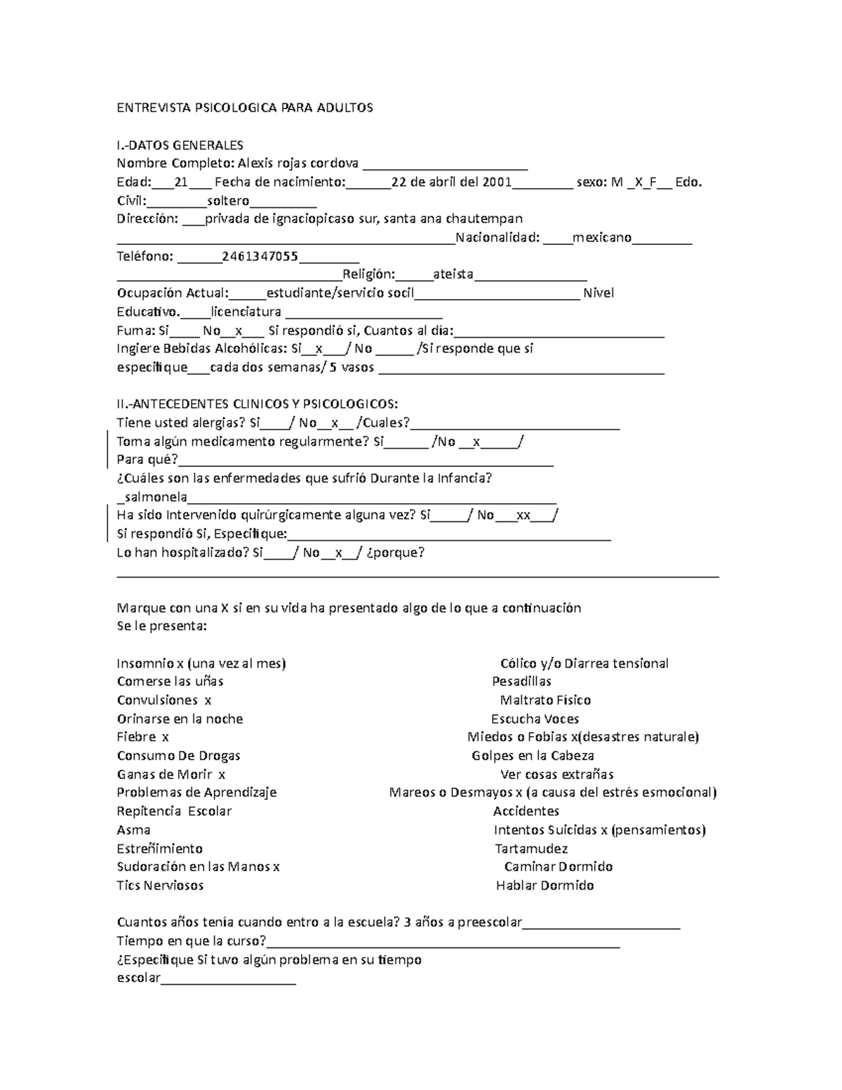 Entrevista Psicologica PARA Adultos - ENTREVISTA PSICOLOGICA PARA ...