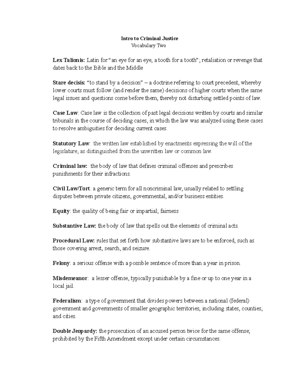 AJ - Vocabulary 2 - prof. Michael Hannah - Intro to Criminal Justice ...