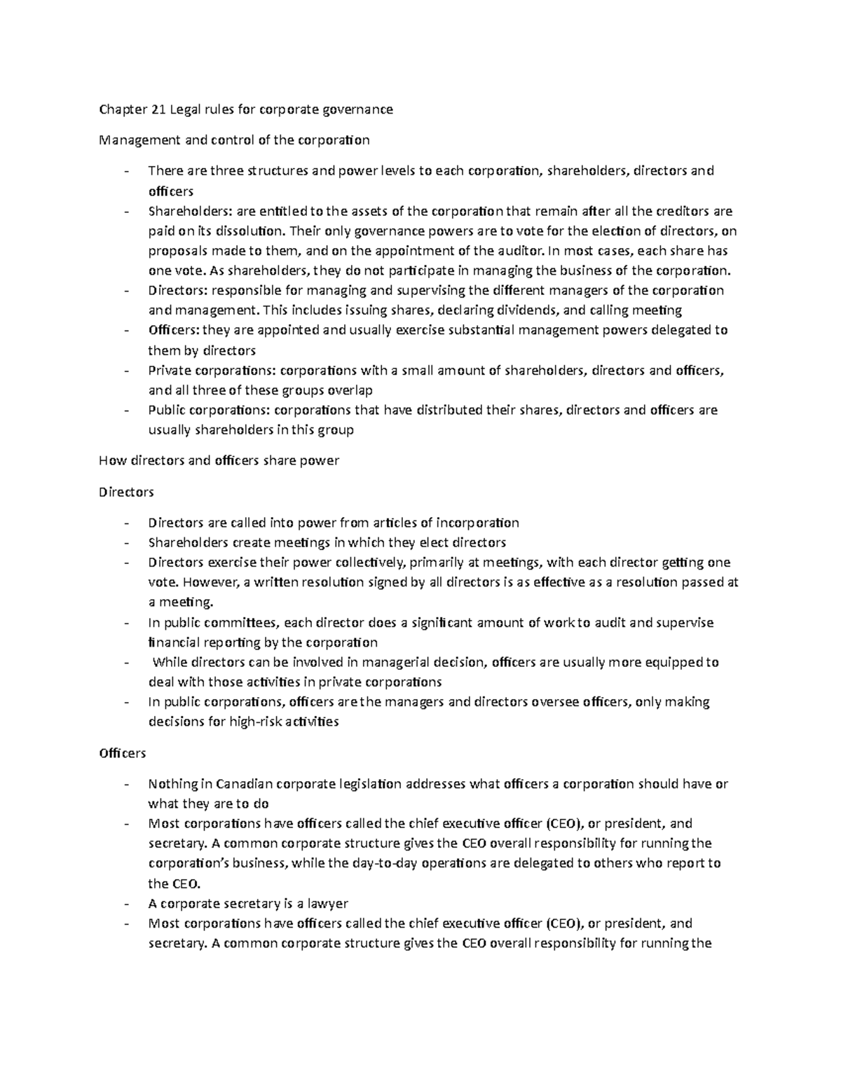 LAW 603 class 2 notes - Chapter 21 Legal rules for corporate governance ...