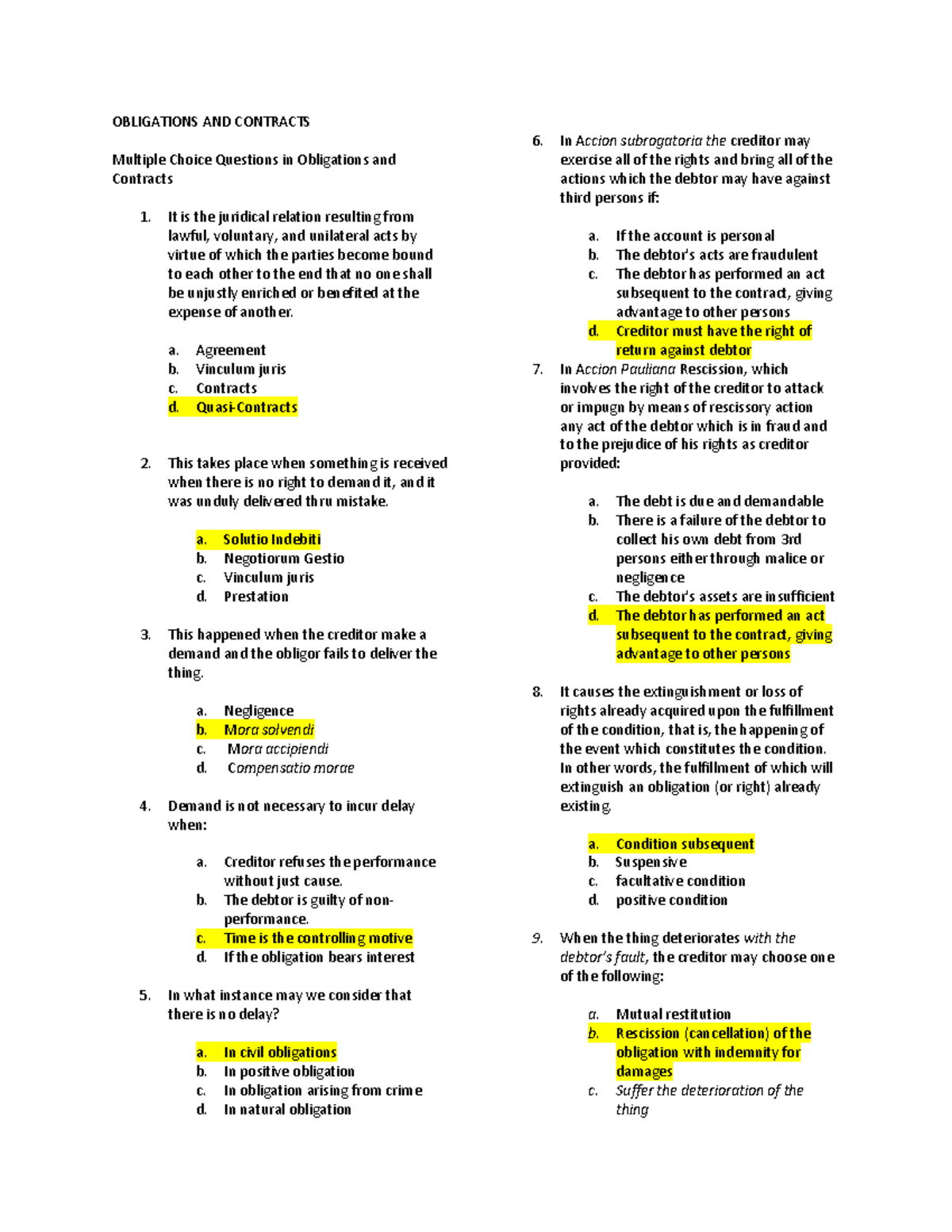 AE1 Reviewer - LECTURES - OBLIGATIONS AND CONTRACTS Multiple Choice Questions in Obligations and ...