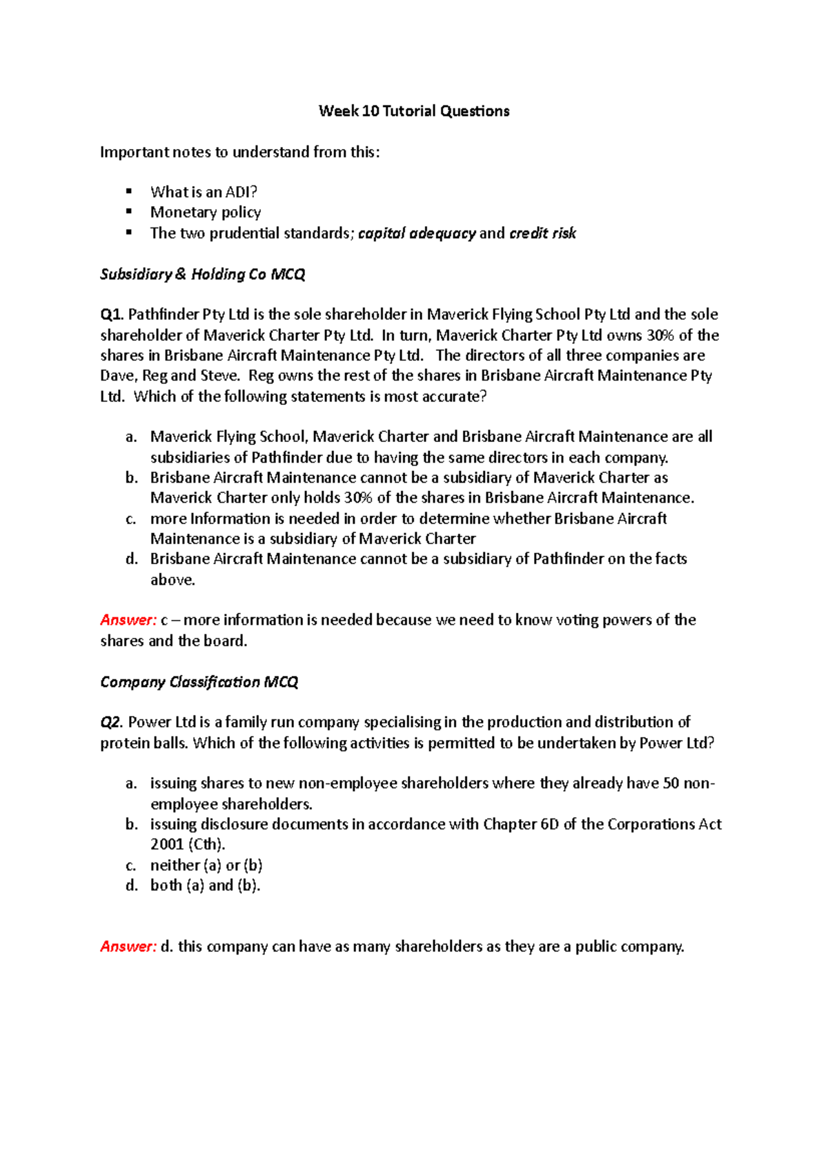 Week 10 Tutorial Questions - Week 10 Tutorial Quesions Important notes ...