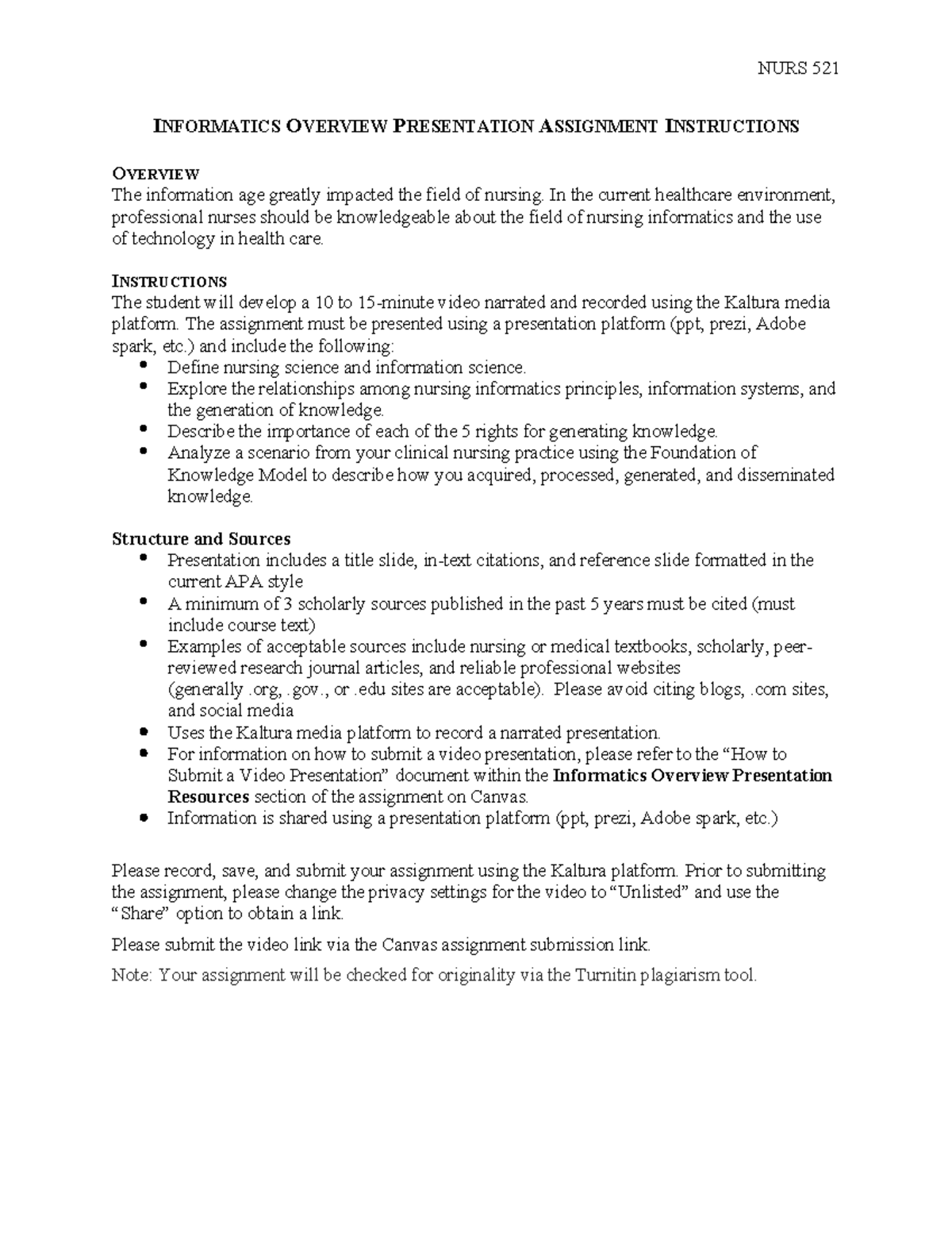 Informatics Overview Presentation Assignment Instructions - NURS 521 INFORMATICS OVERVIEW - Studocu