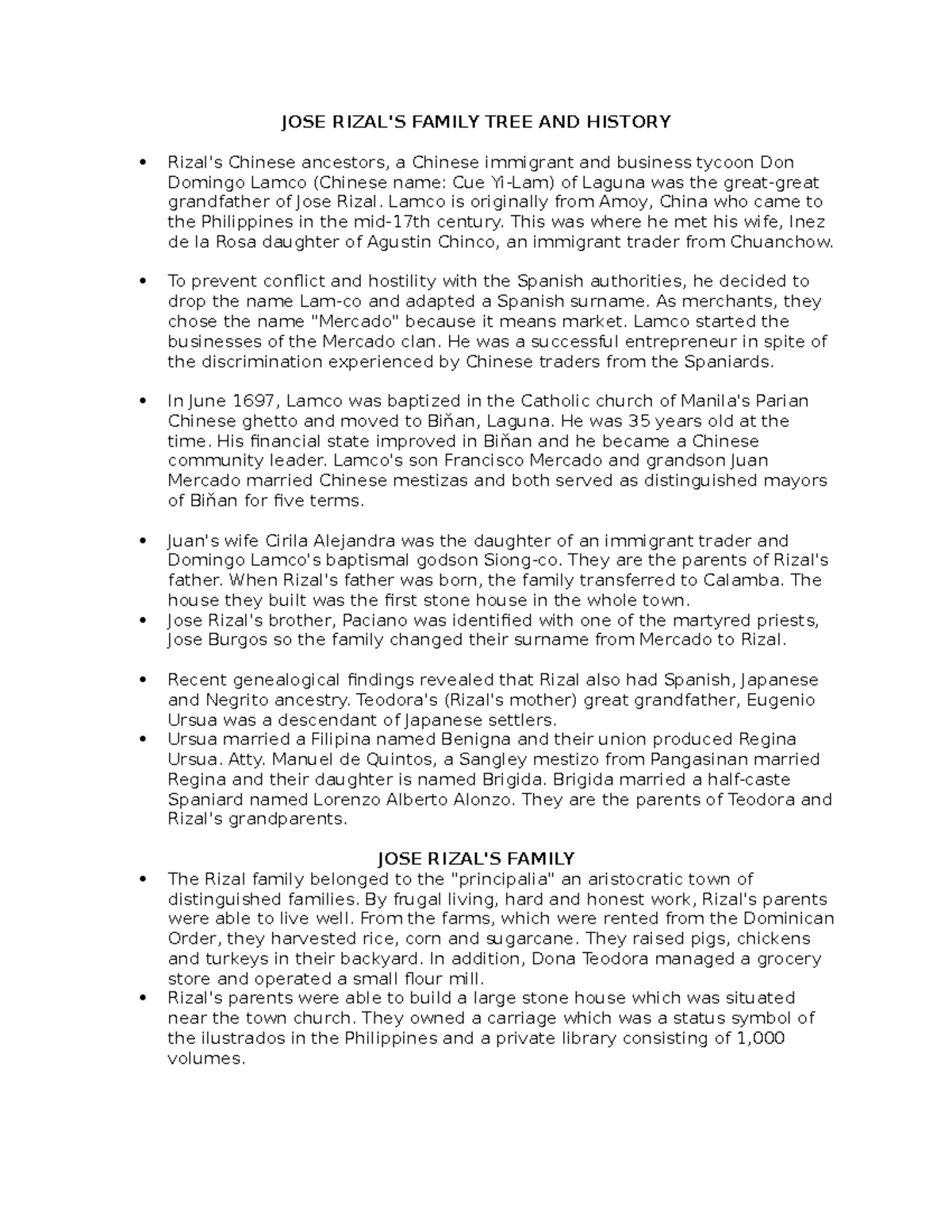 Chapter 2 JOSE Rizal - JOSE RIZAL'S FAMILY TREE AND HISTORY Rizal's ...