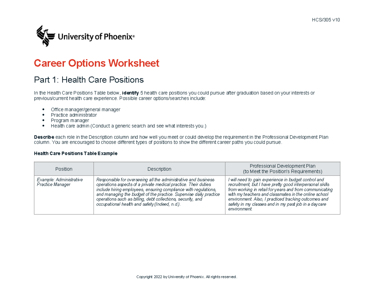 Hcs305 v10 wk4 career options worksheet - HCS/305 v Career Options ...