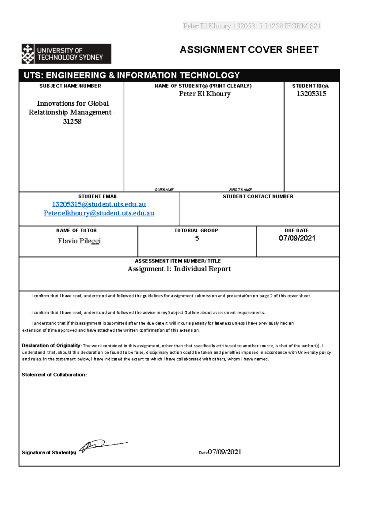 Assignment 1 13205315 31258 Ifgrm S21 Peter El Khoury - ASSIGNMENT COVER SHEET UTS: ENGINEERING ...