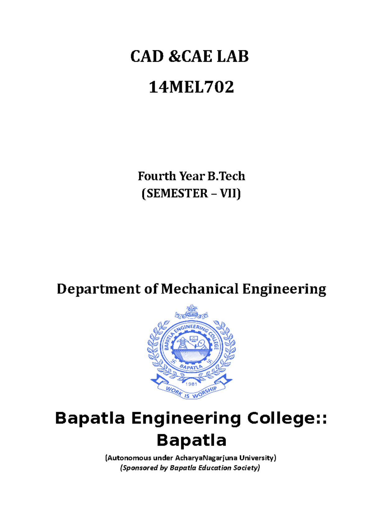 CAD CAE LAB Manual 14MEL702 - CAD &CAE LAB 14MEL Fourth Year B ...