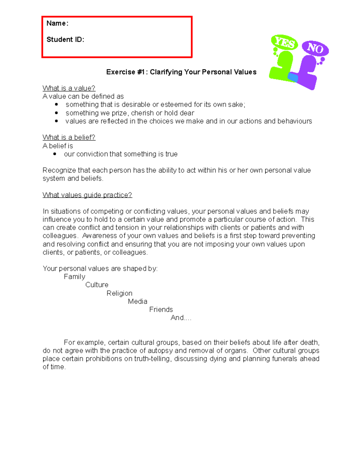 Tutorial 1 - Values & Beliefs - Exercise 1 Clarification of Personal ...