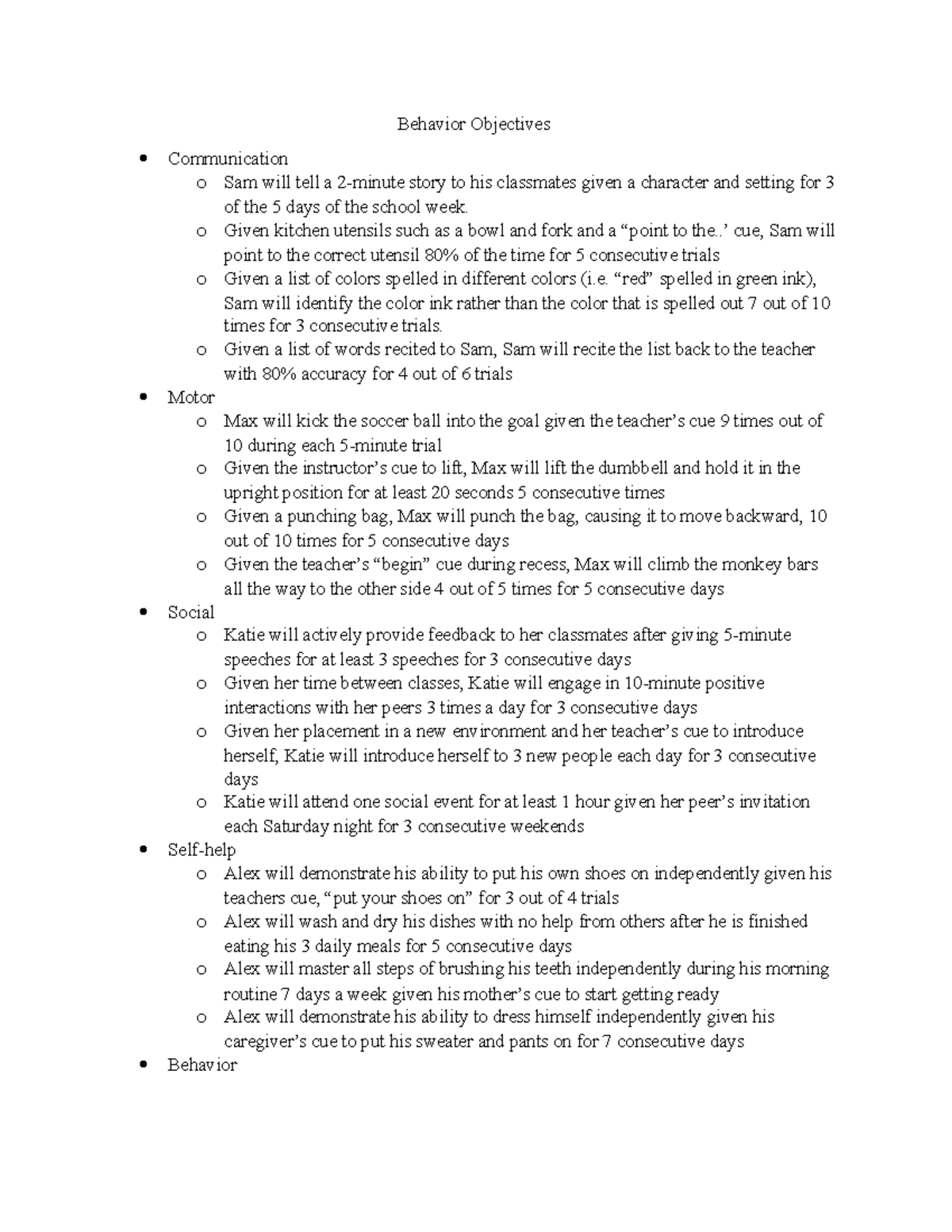 Behavior Objectives - o Given kitchen utensils such as a bowl and fork ...