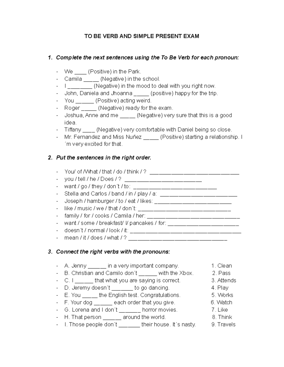 TO BE VERB AND Simple Present EXAM - TO BE VERB AND SIMPLE PRESENT EXAM ...