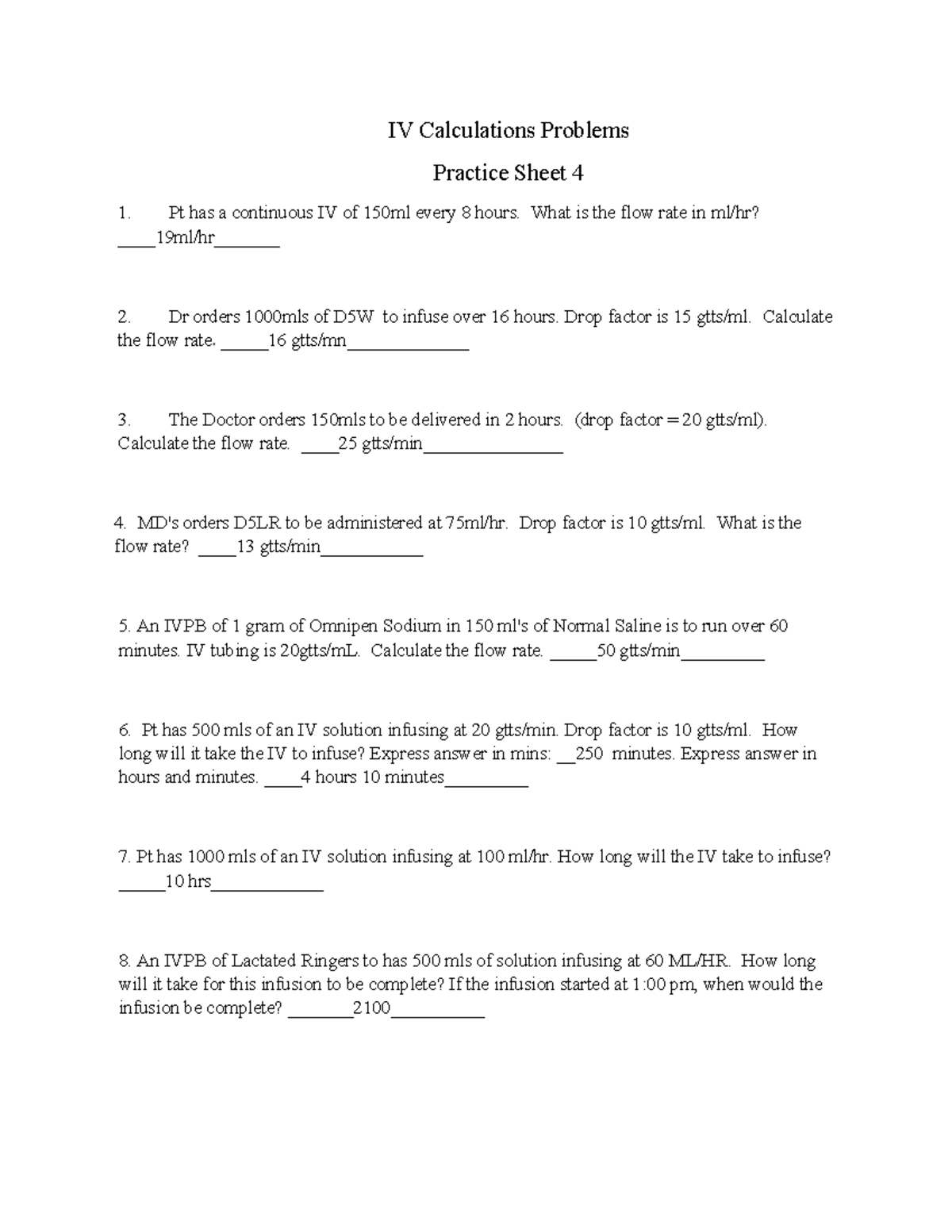 Nur 102 IV Calculations Practice sheet 4- Answers - IV Calculations ...