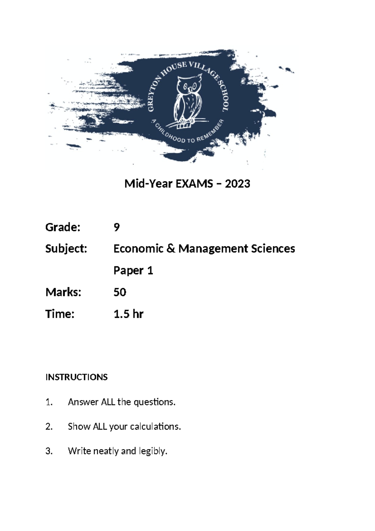 Gr 9 EMS P1 - Grade 9 P1 - Mid-Year EXAMS – 2023 Grade: 9 Subject ...