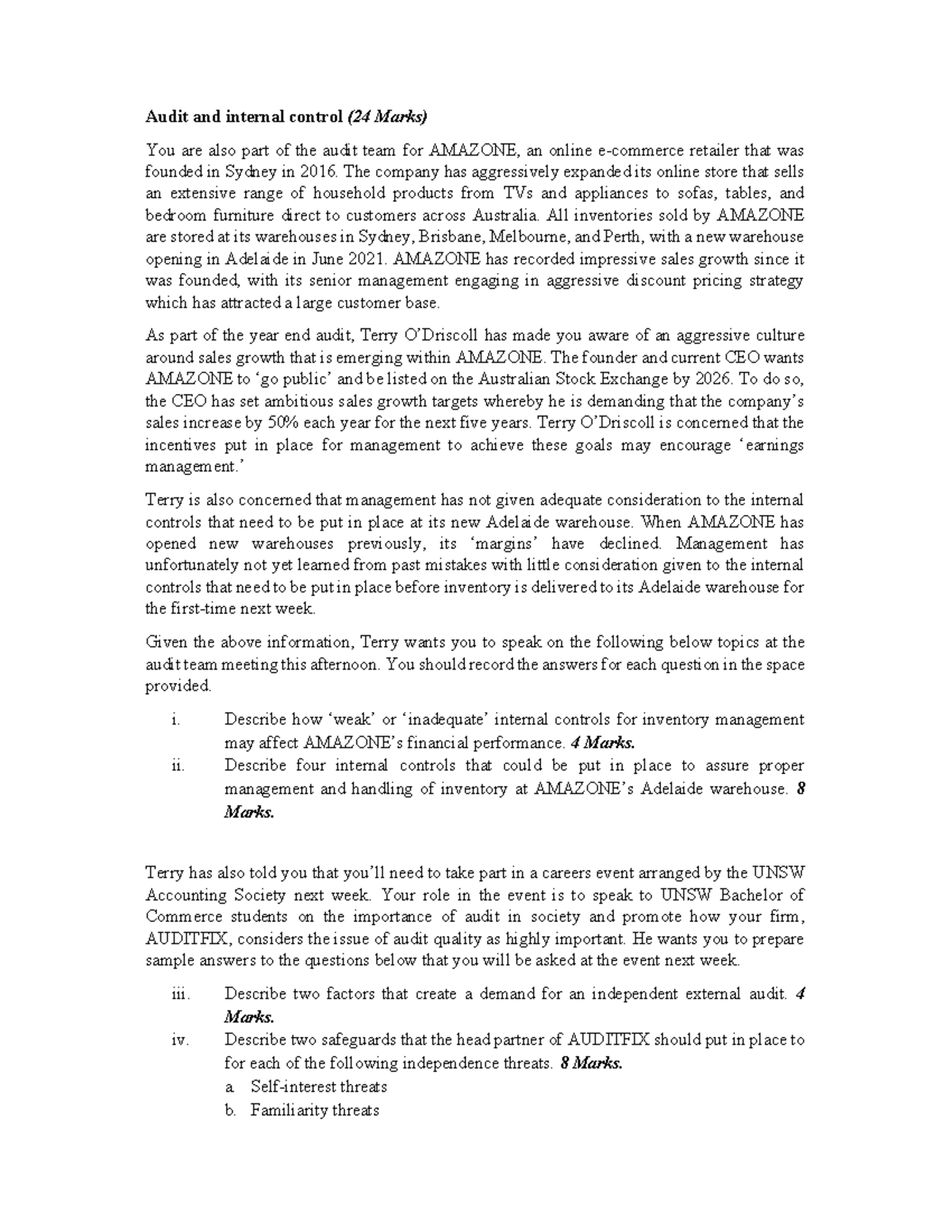 Week 5. Audit and Internal Control Practice Exam Question - Audit and ...