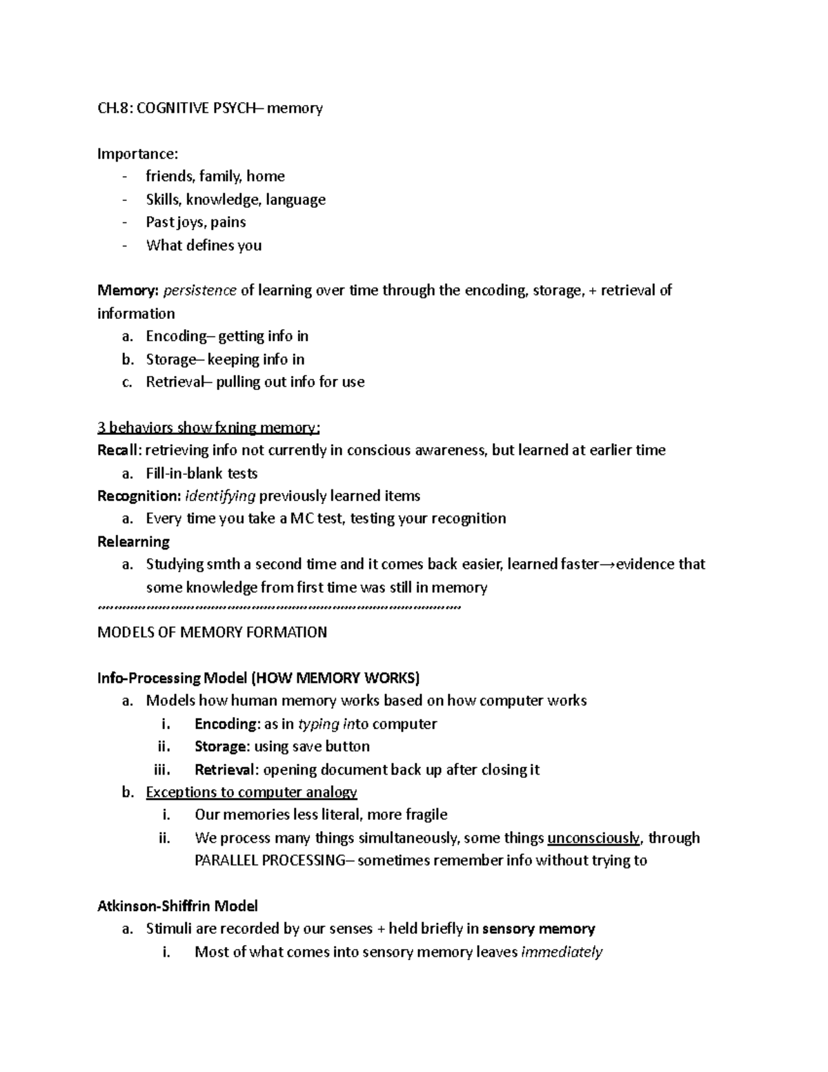 Ch.8 Psych Memory - CH: COGNITIVE PSYCH– memory Importance: - friends ...