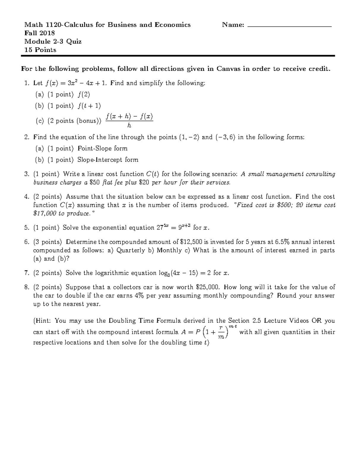 Math 1120 Fall 2018 Module 2-3 Quiz-2 - Math 1120-Calculus for Business ...