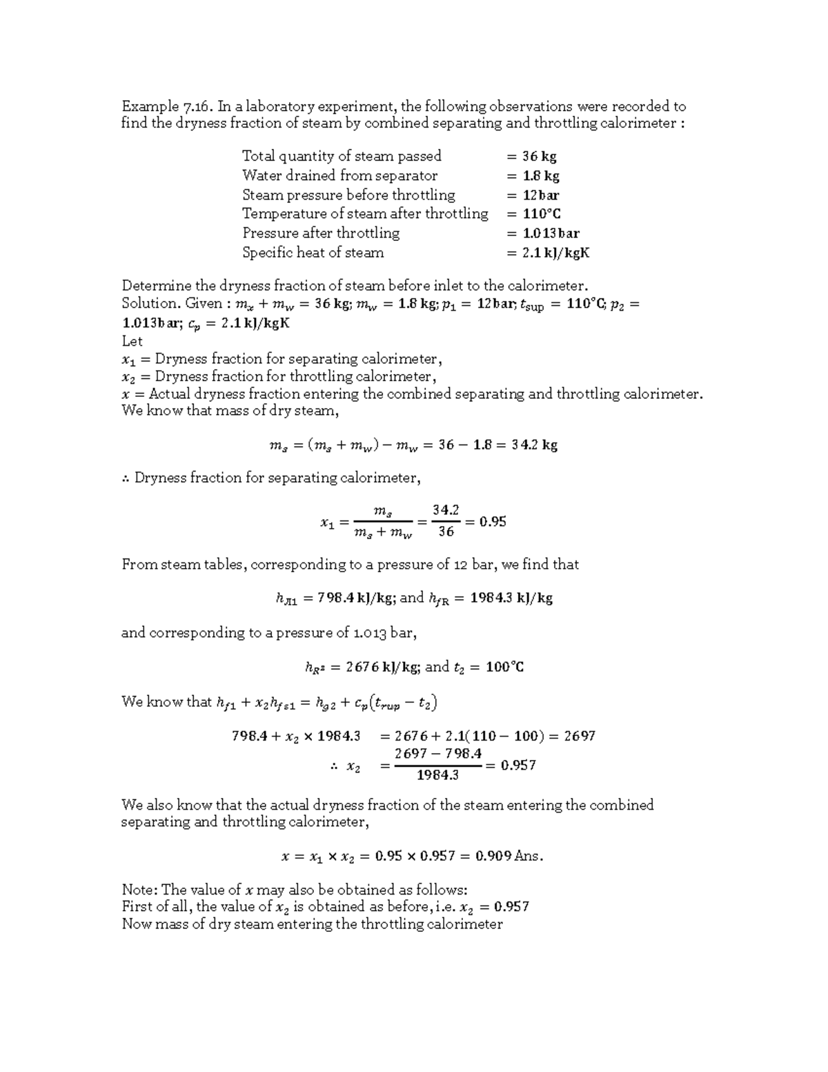 Example 7.16 Combined separating and throttling calorimeter - Example 7 ...