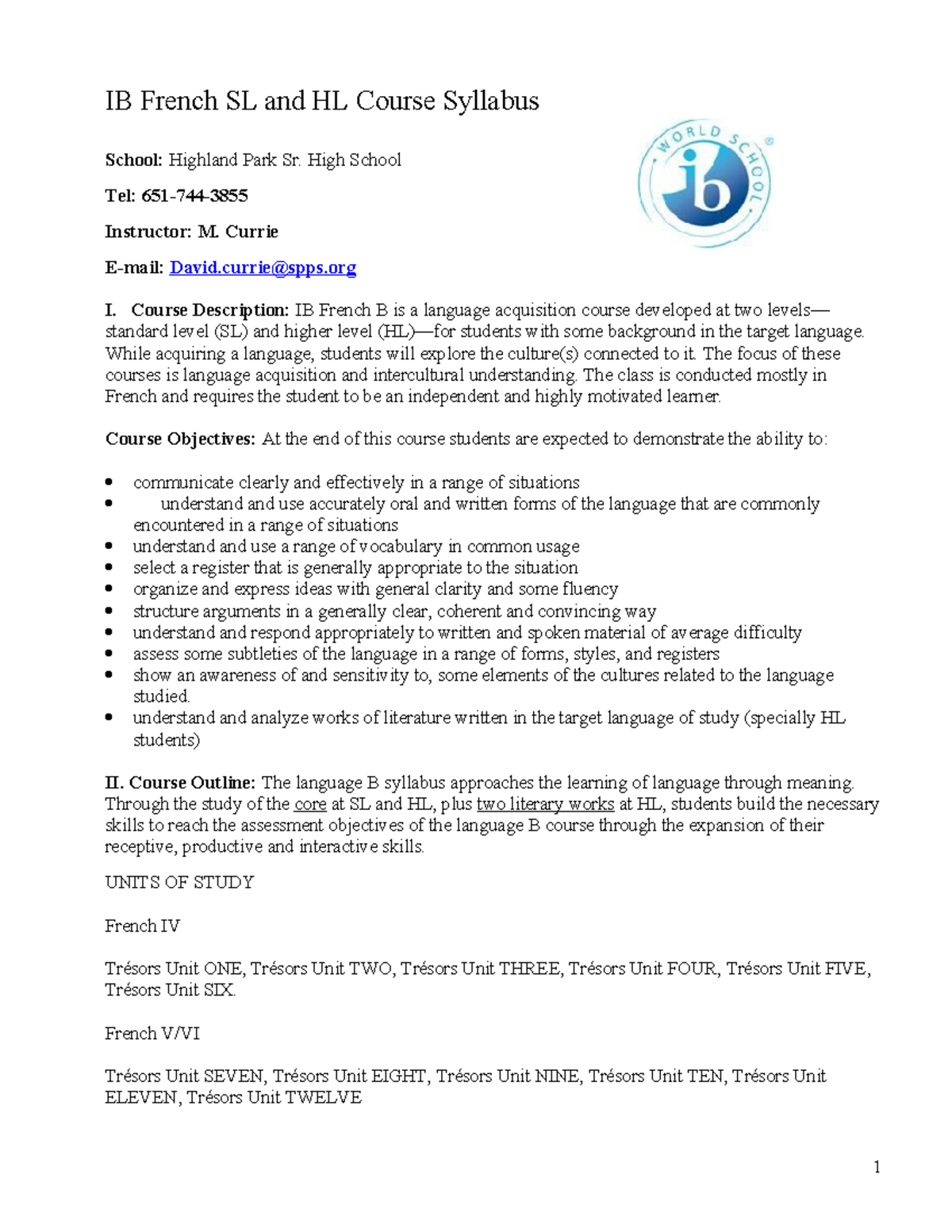 IB French SL HL Sylabus IB French SL And HL Course Syllabus School