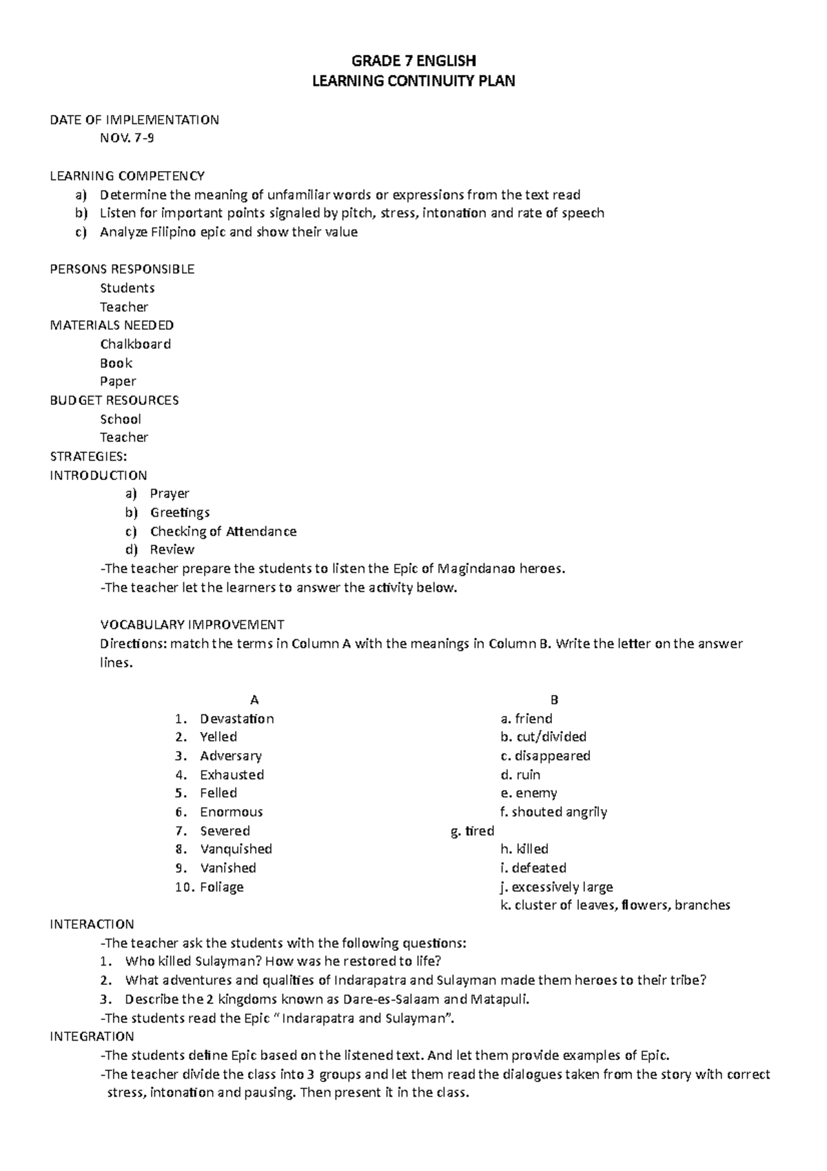 English LCP 2ND Quarter - GRADE 7 ENGLISH LEARNING CONTINUITY PLAN DATE ...