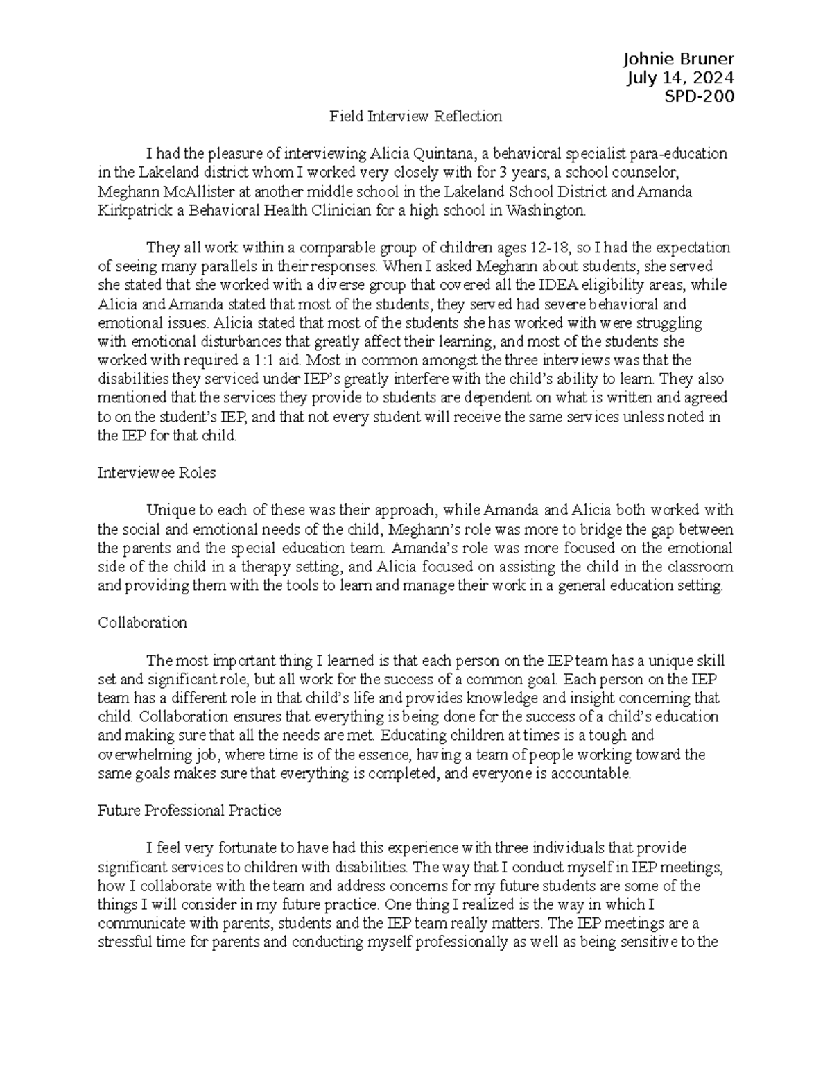 Week 3-IEP Team Interview Reflections Notes - July 14, 2024 SPD- Field ...