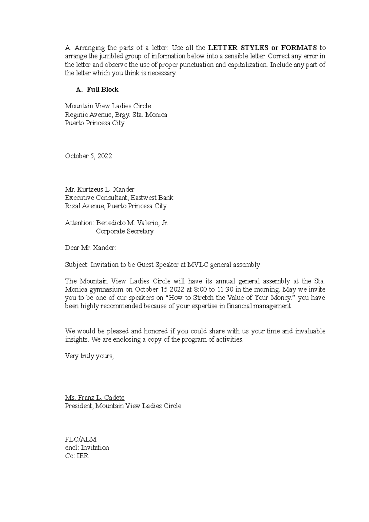 Letter Styles - a task or piece of work assigned to someone as part of ...