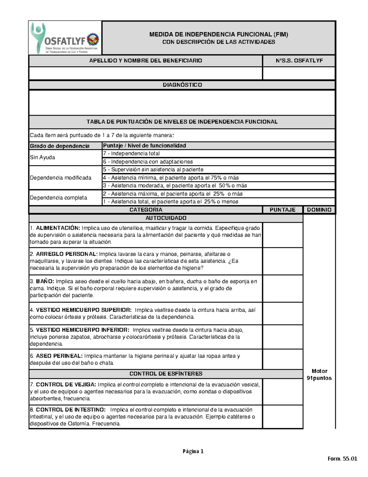 FIM resumen Tabla - fim - Grado de dependencia PUNTAJE DOMINIO DIAGNÓSTICO AUTOCUIDADO CONTROL ...