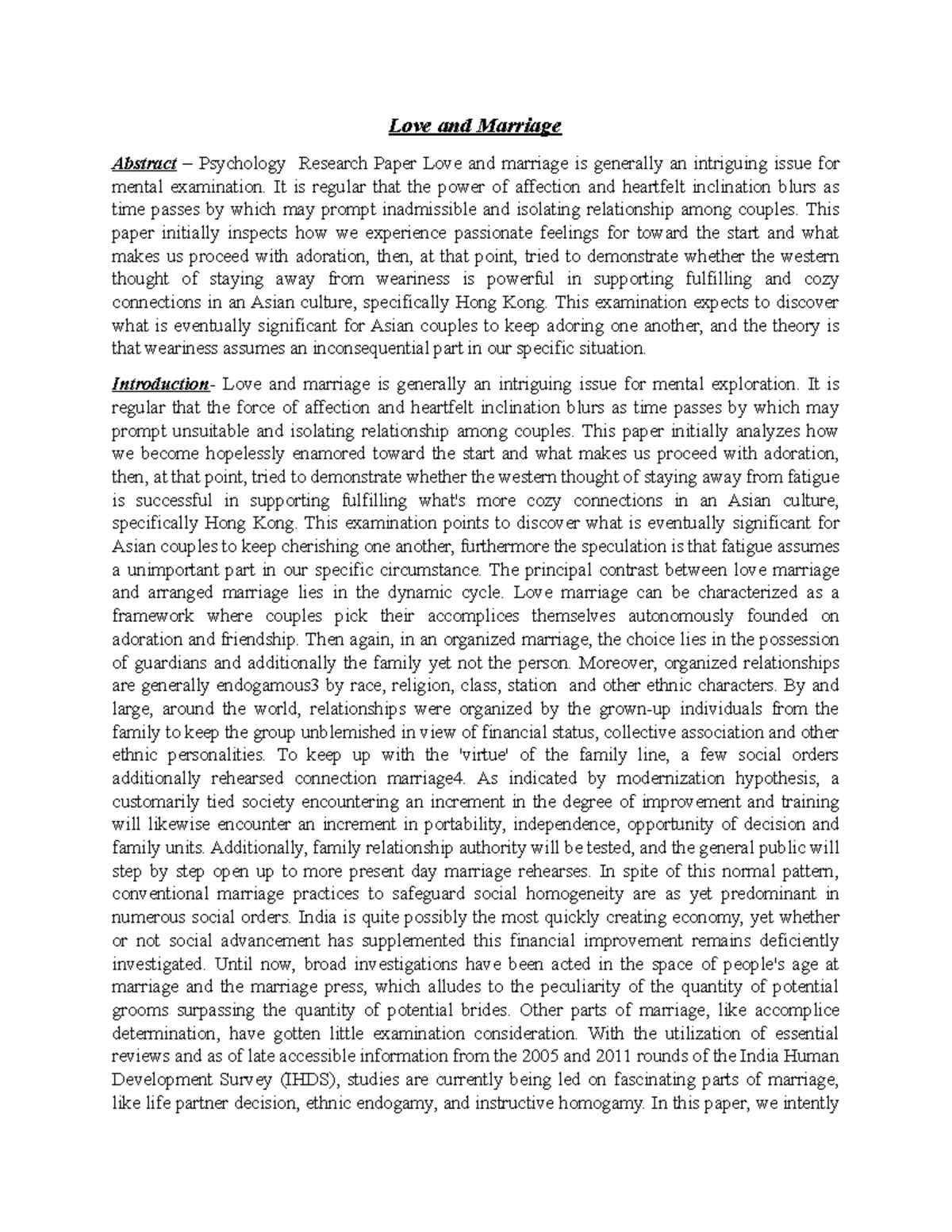 Love and Marriage - Lecture notes 3 - Love and Marriage Abstract ...