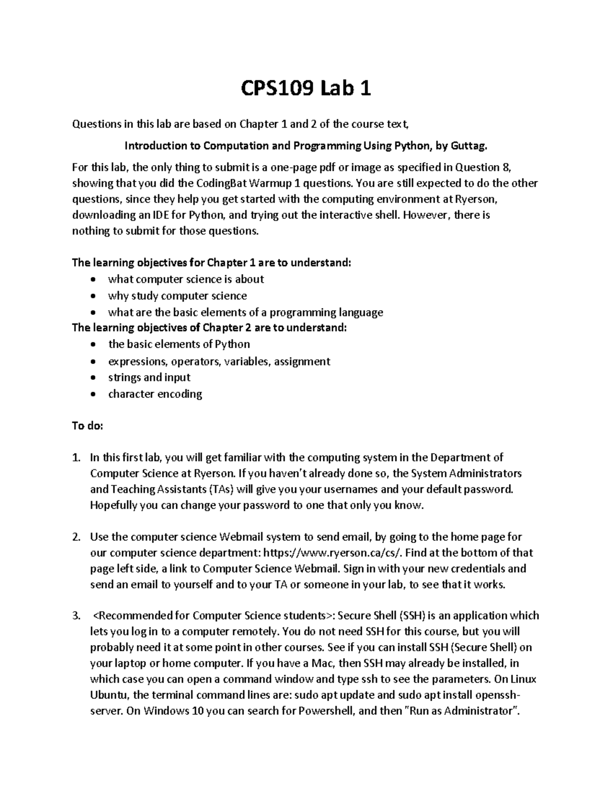 Cps109 Lab 1 Lab1 Cps 109 Lab 1 Questions In This Lab Are Based On Chapter 1 And 2 Of The