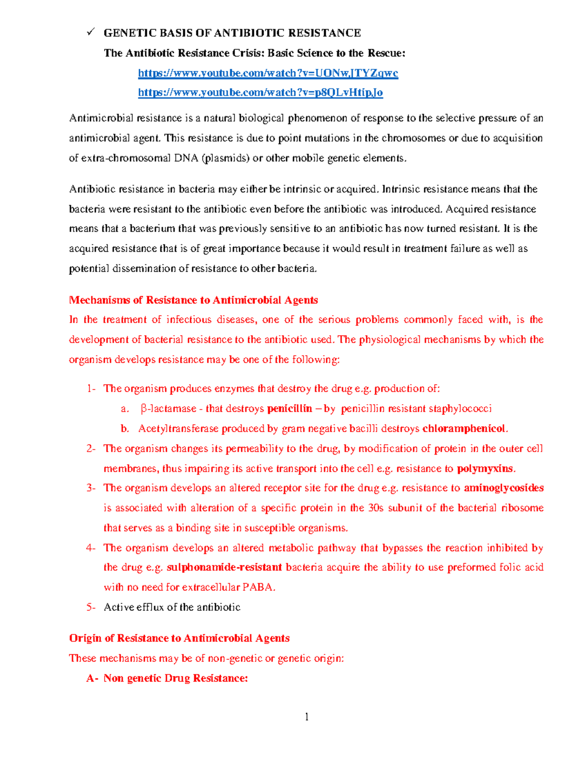 Topic 7 Genetic Basis OF Antibiotic Resistance (1) - GENETIC BASIS OF ...