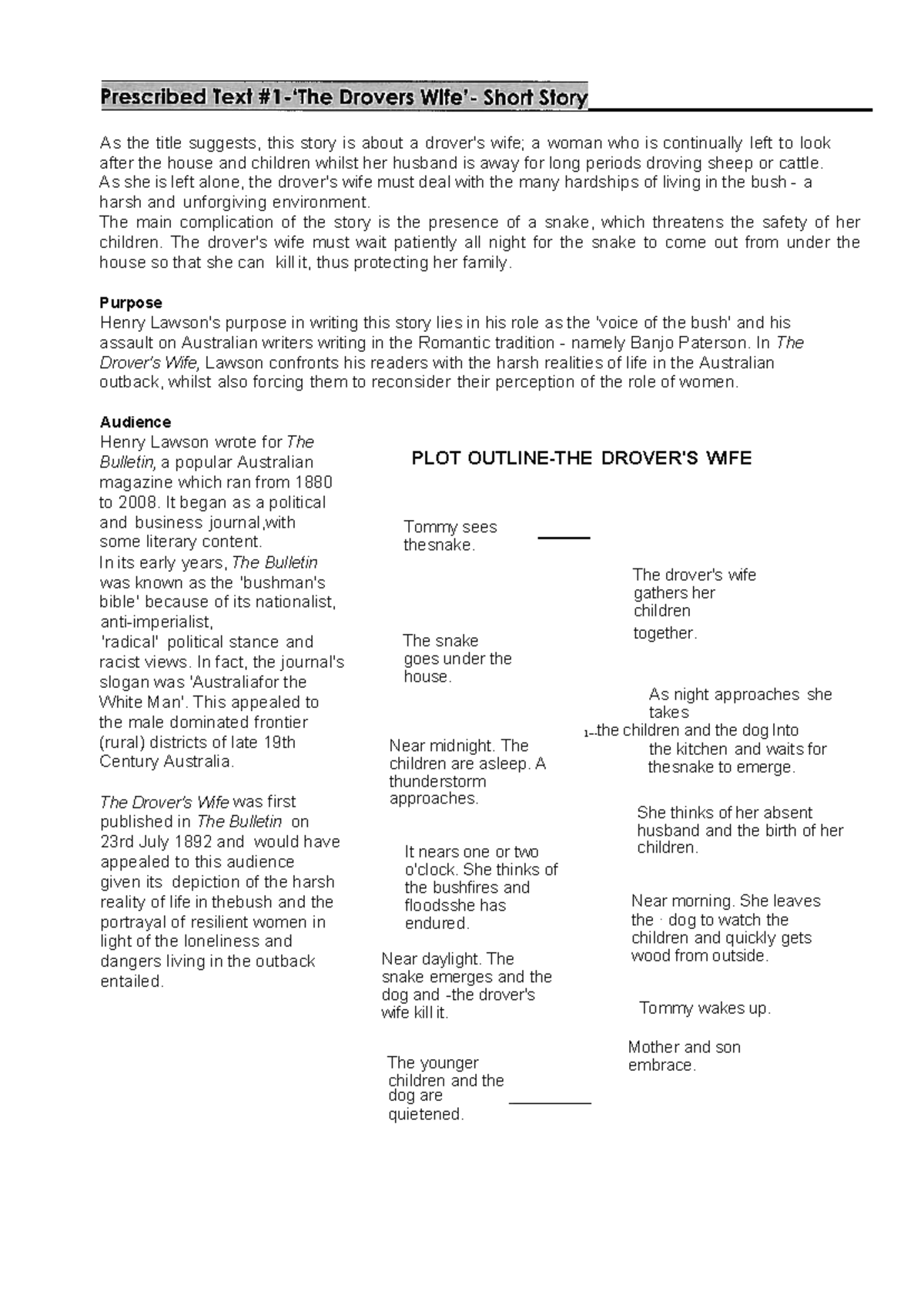 The Drover's Wife plot - Module B: Henry Lawson - As the title suggests ...