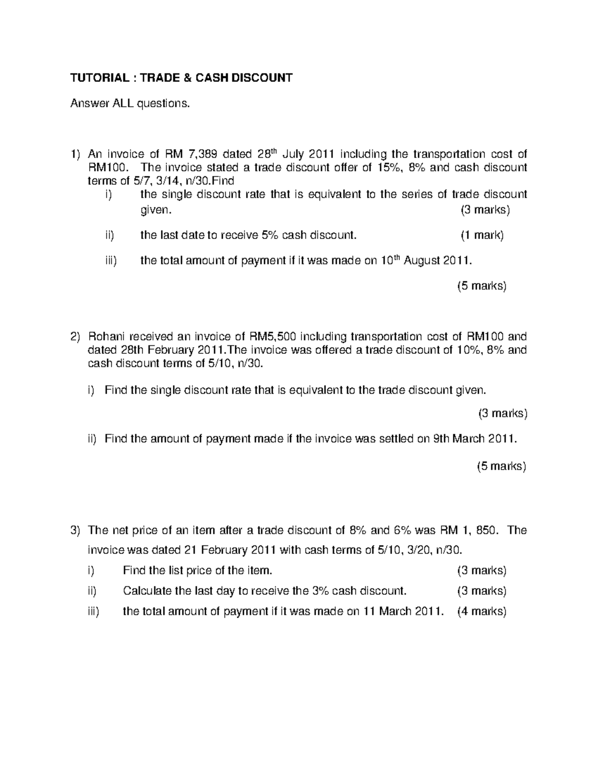 Tutorial Trade CASH Discount - TUTORIAL : TRADE & CASH DISCOUNT Answer ...