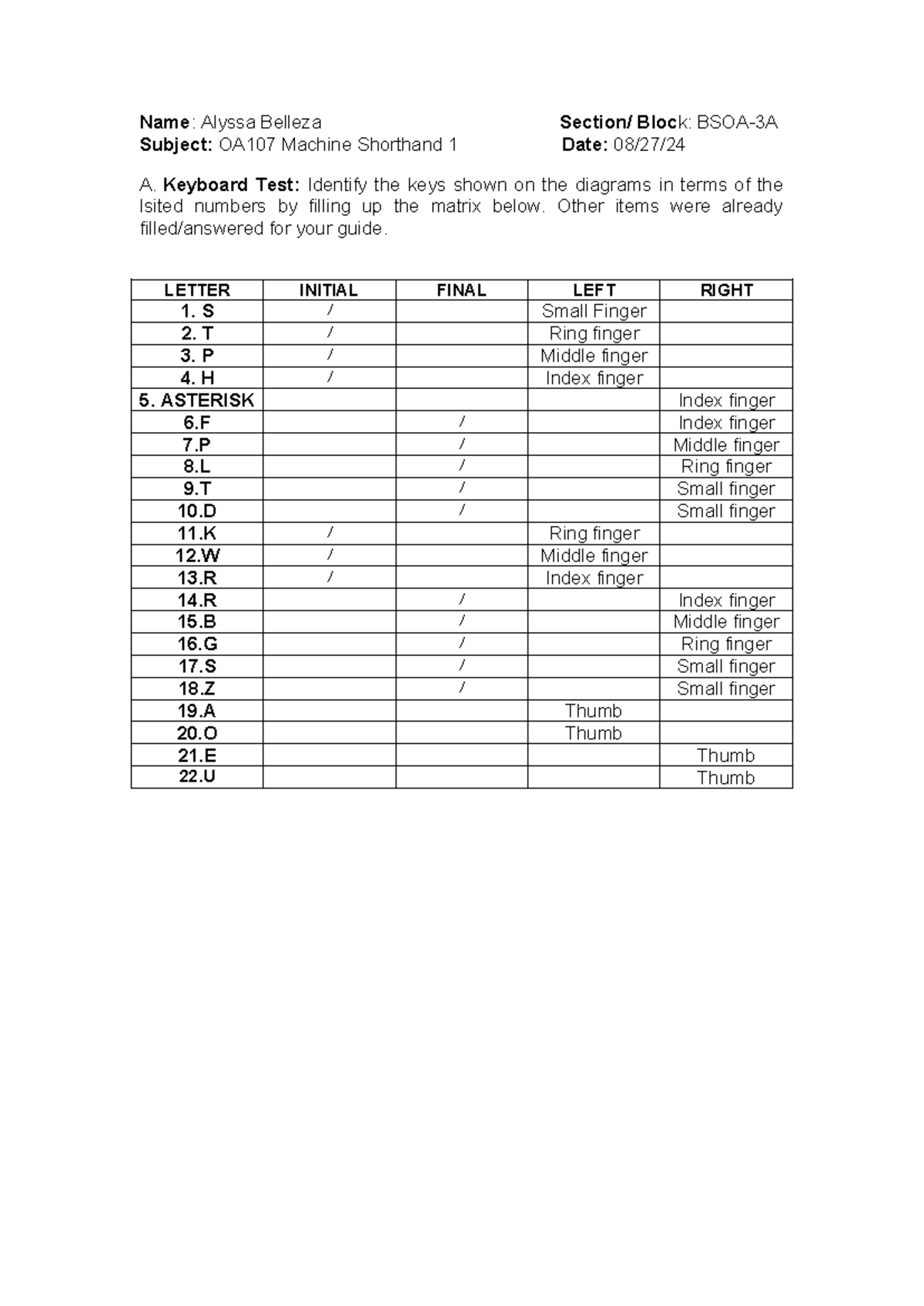 Keyboard Test - none - Name: Alyssa Belleza Section/ Block: BSOA-3A ...