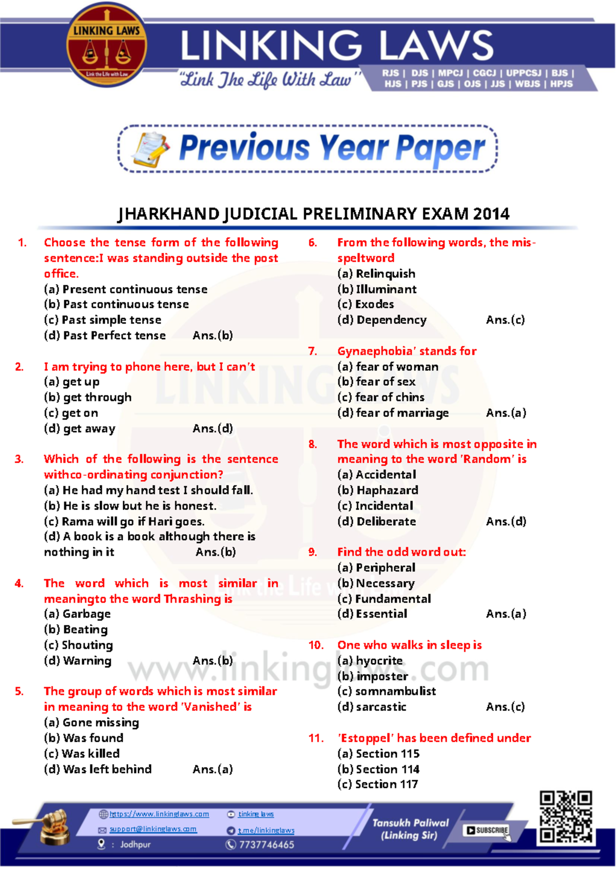 Jharkhand-2014 - question paper - linkinglaws Linking laws JHARKHAND ...