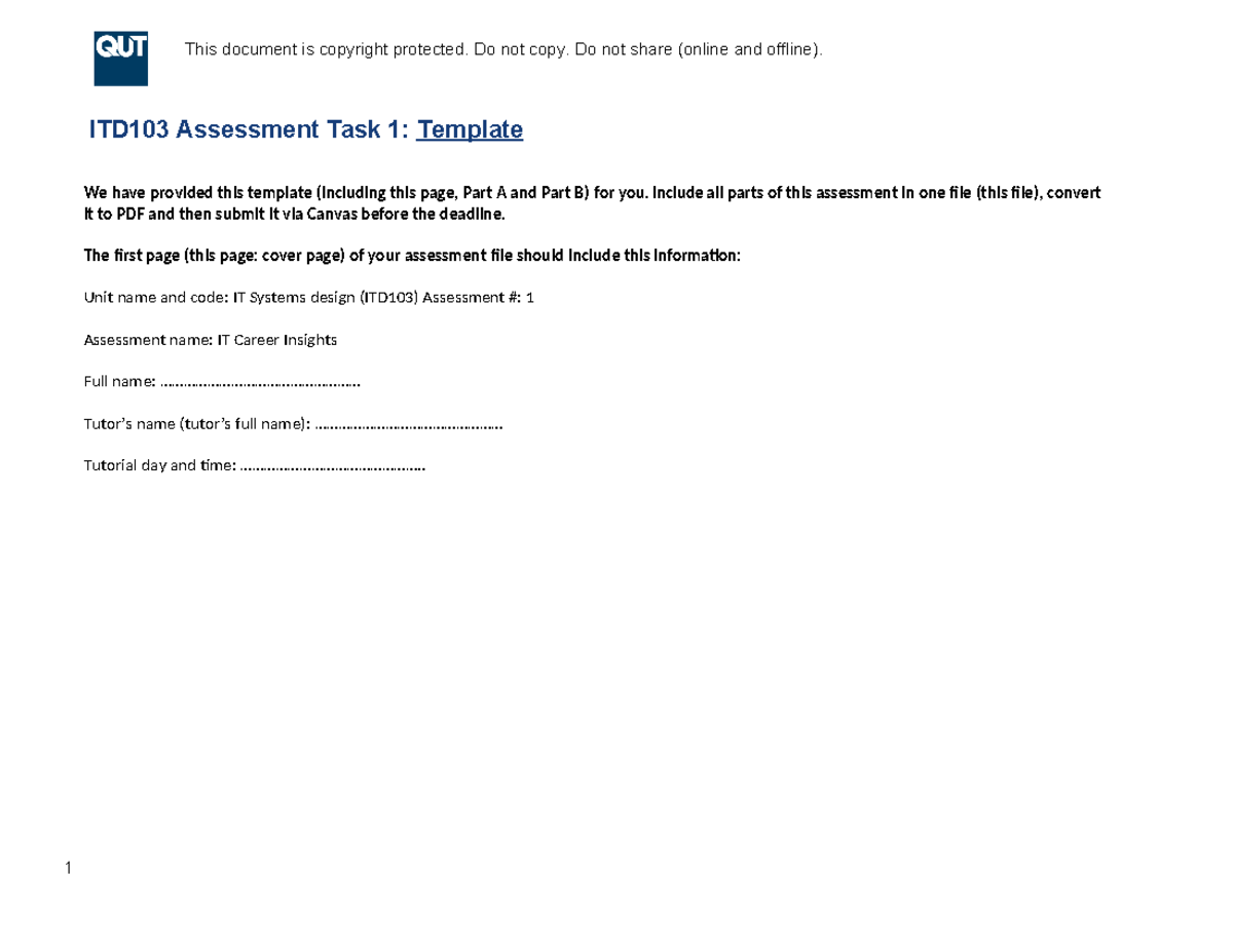 ITD103 Assessment Task 1 - Template - This document is copyright ...