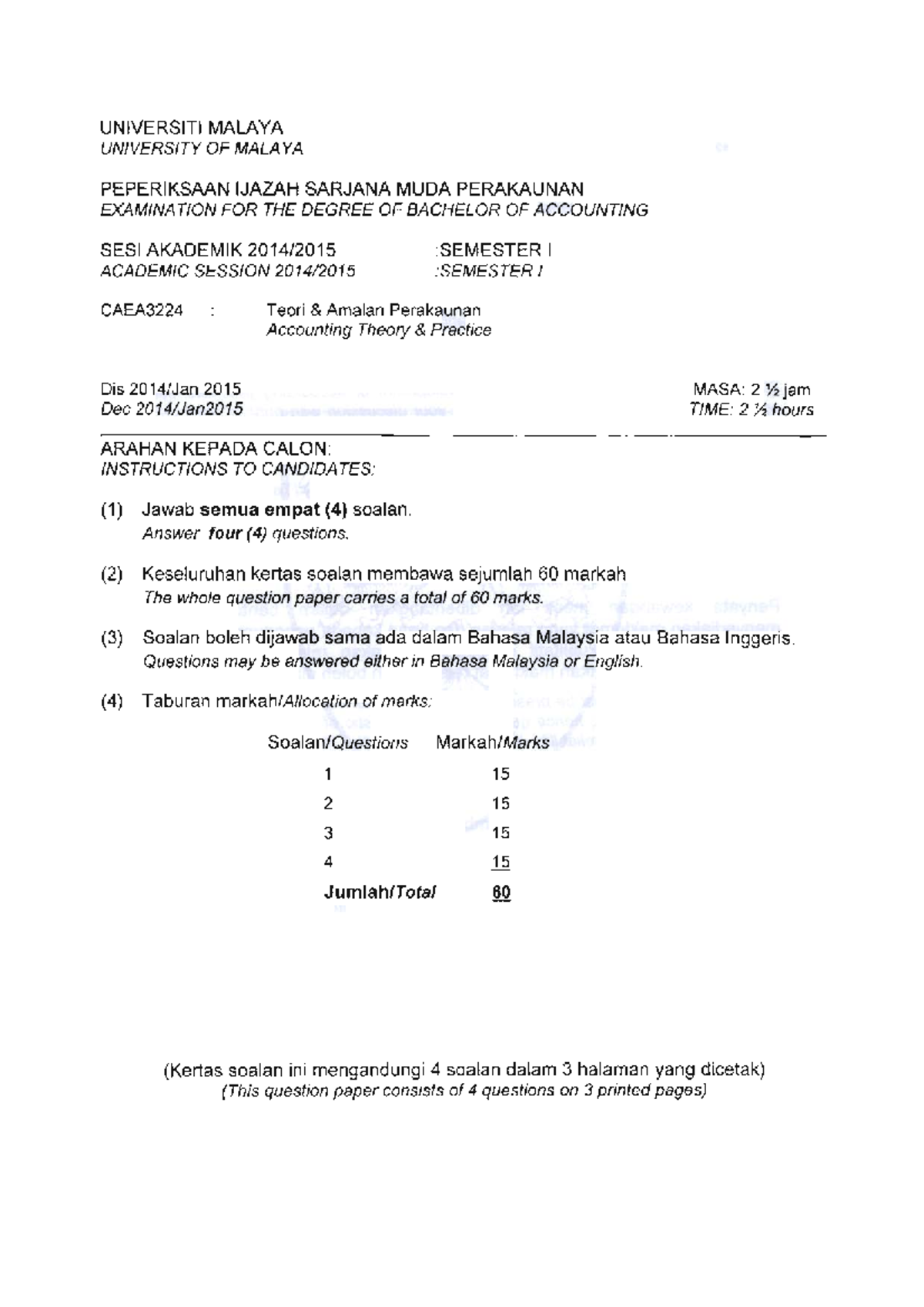 Exam 9 January 2015, questions - UNIVERSITI MALAYA UNIVERSITY OF MALA ...