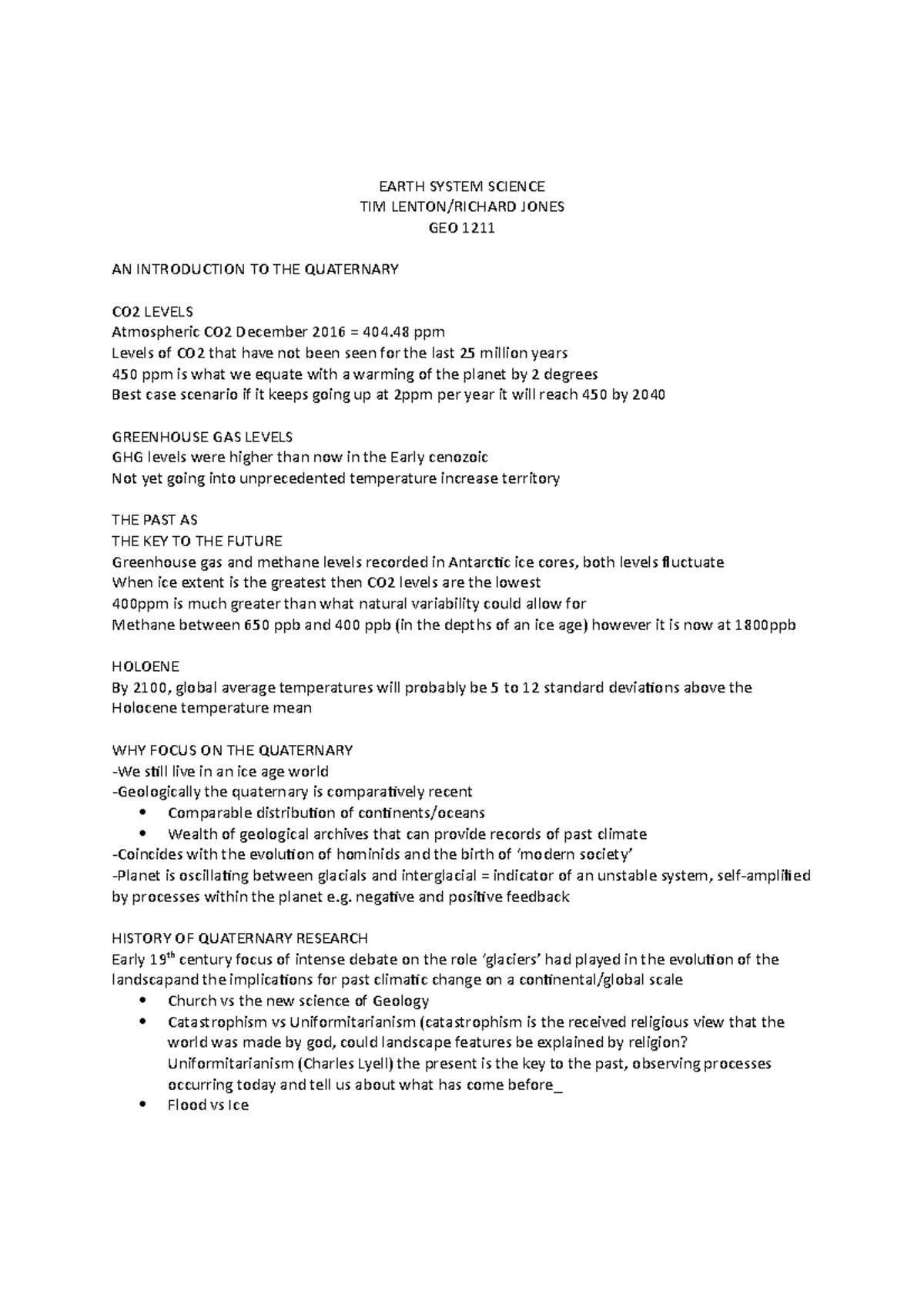 AN INTRODUCTION TO THE QUATERNARY - EARTH SYSTEM SCIENCE TIM LENTON ...