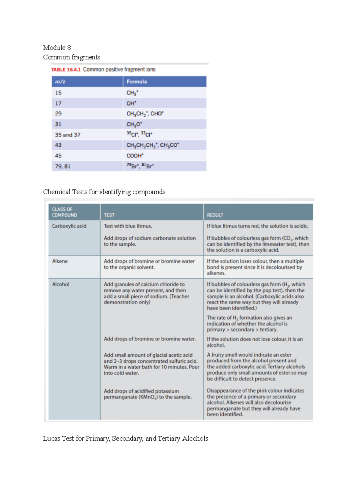 Module Eight Notes - Module 8 Common fragments Chemical Tests for ...