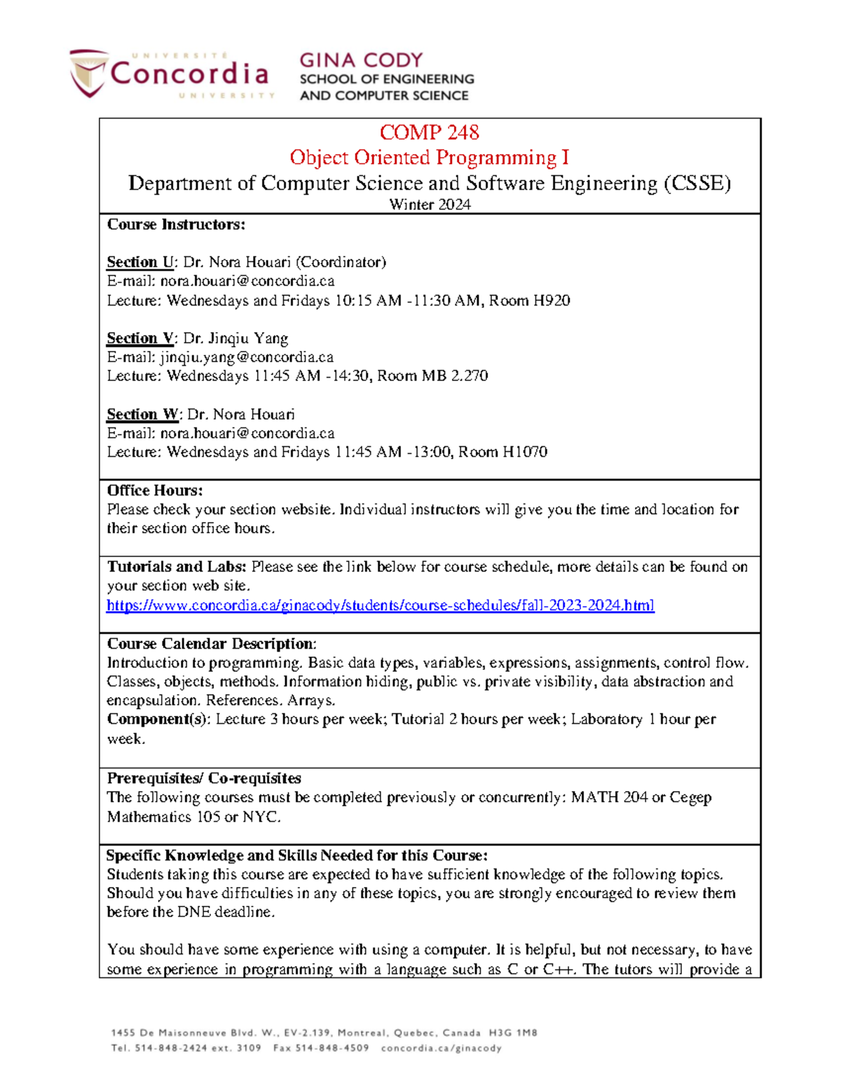 COMP248 Winter 2024 Course Outline - COMP 248 Object Oriented Programming I Department of ...