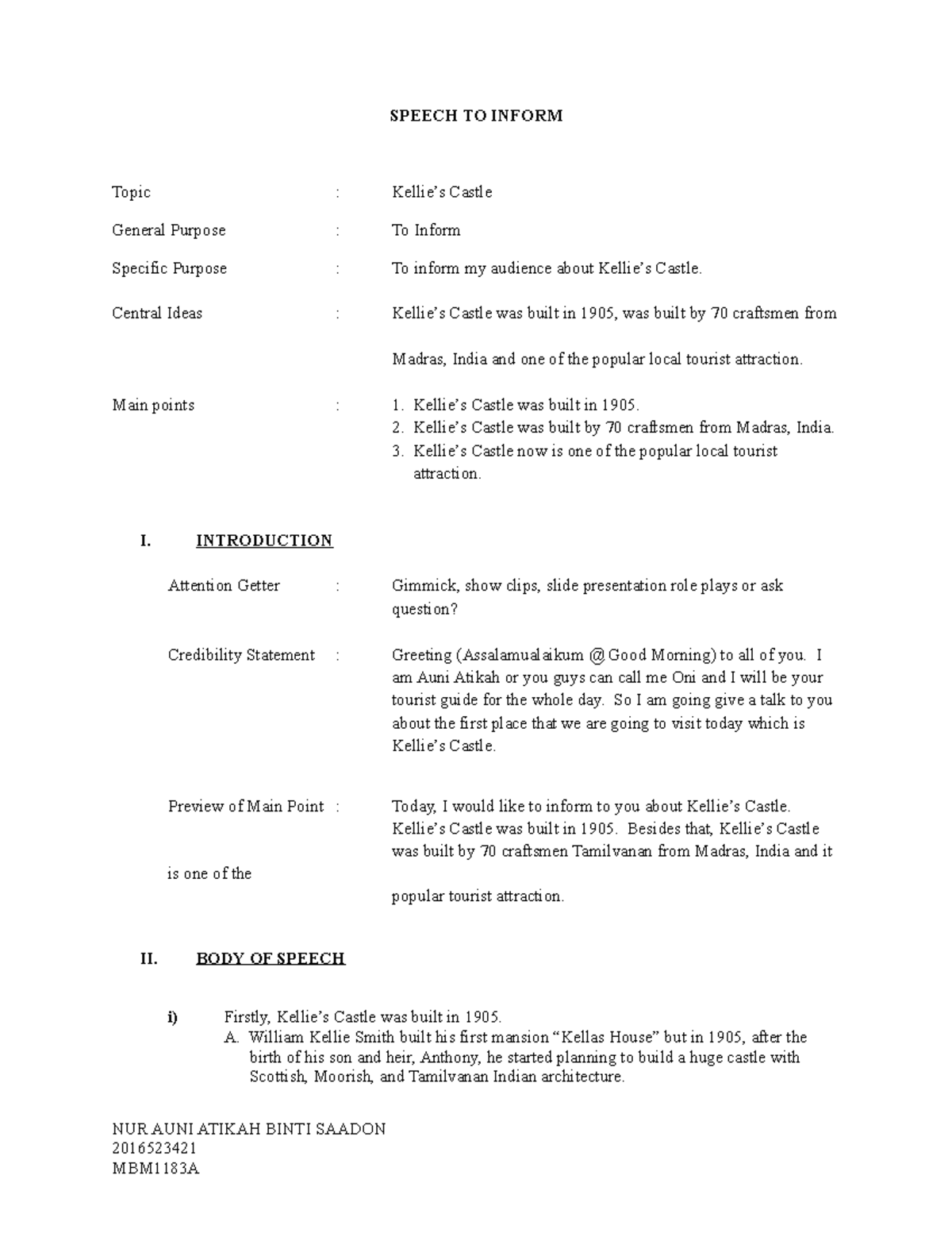 Speech TO Inform - SPEECH TO INFORM Topic : Kellie’s Castle General ...