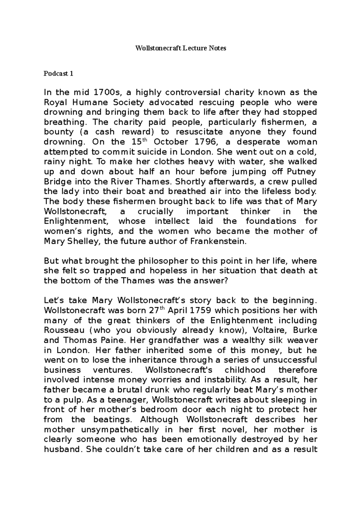 Wollstonecraft Lecture Notes - Wollstonecraft Lecture Notes Podcast 1 ...