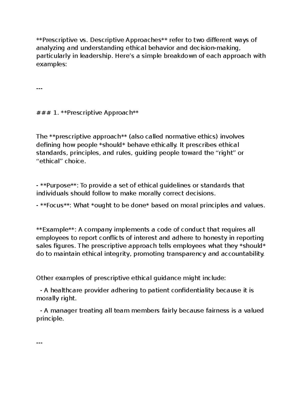 C206-Ethical Leadership Notes - Prescriptive vs. Descriptive Approaches ...