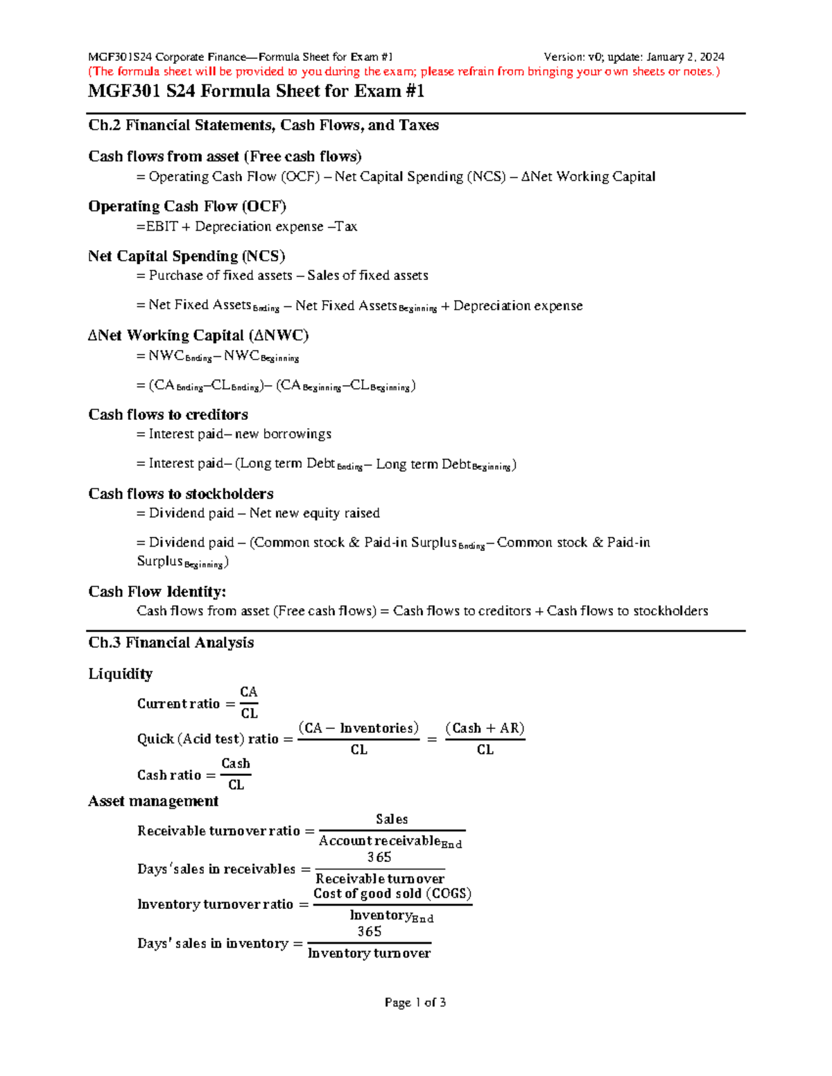 MGF301 Exam 1 Formula Sheet - MGF301S24 Corporate Finance—Formula Sheet ...