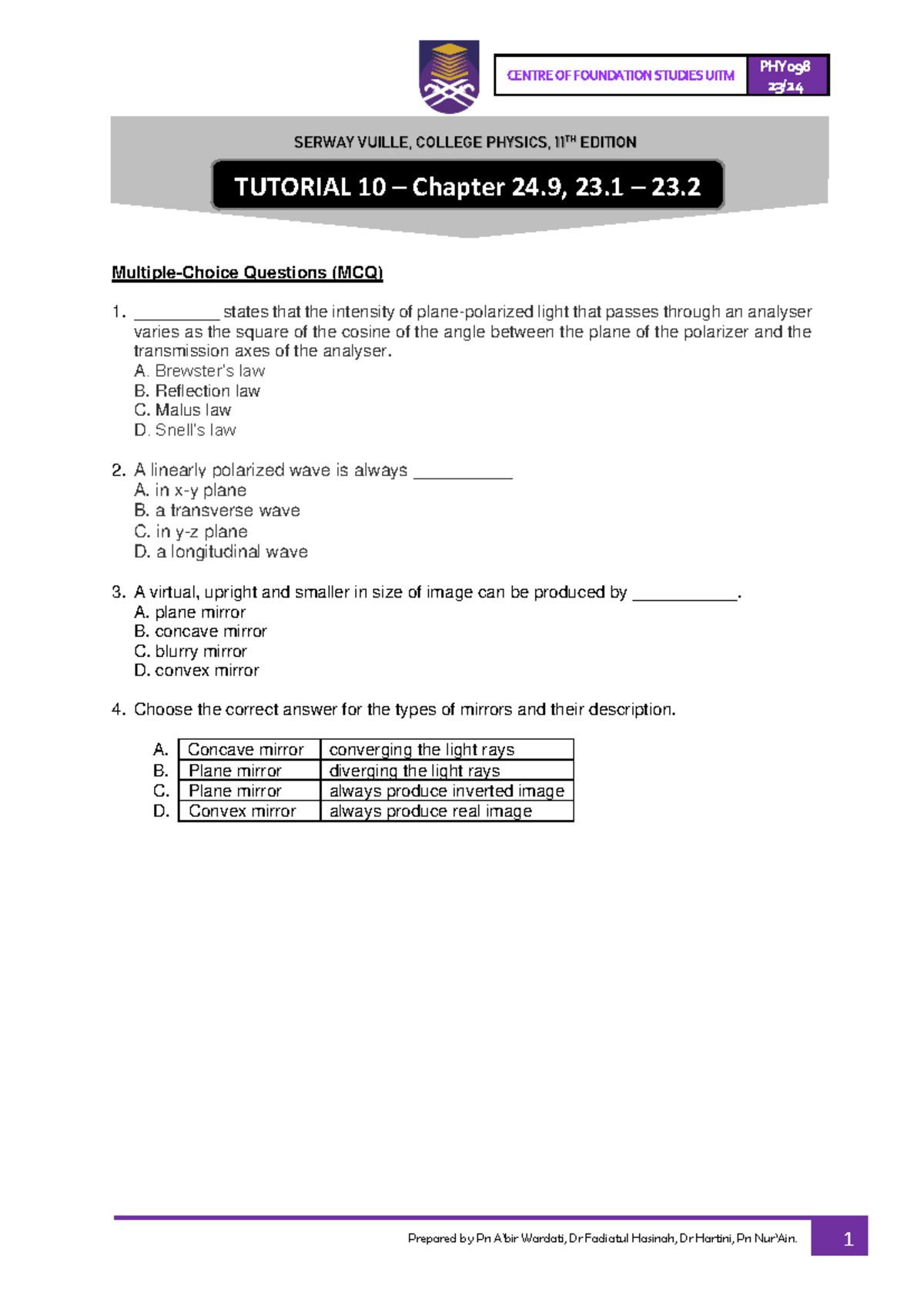 Document 5 - tuto 10 - CENTRE OF FOUNDATION STUDIES UiTM PHY 23 ...