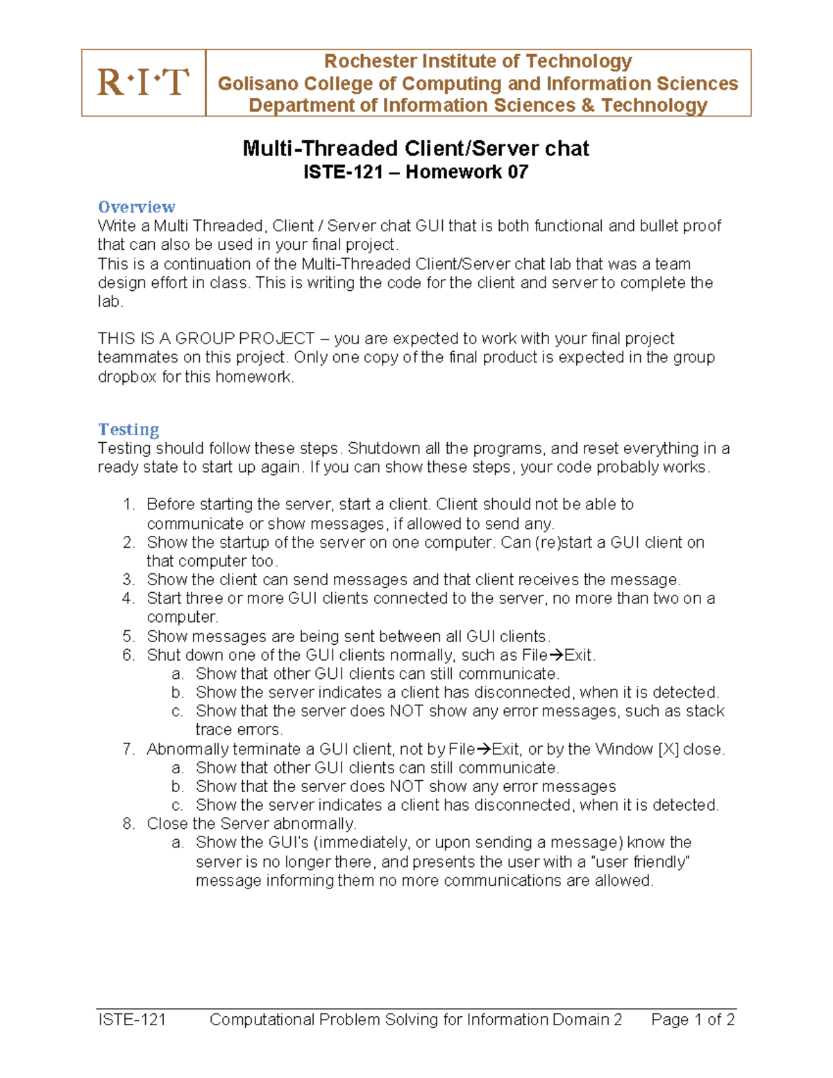 Chat program Java 2 - RIT w w Rochester Institute of Technology ...