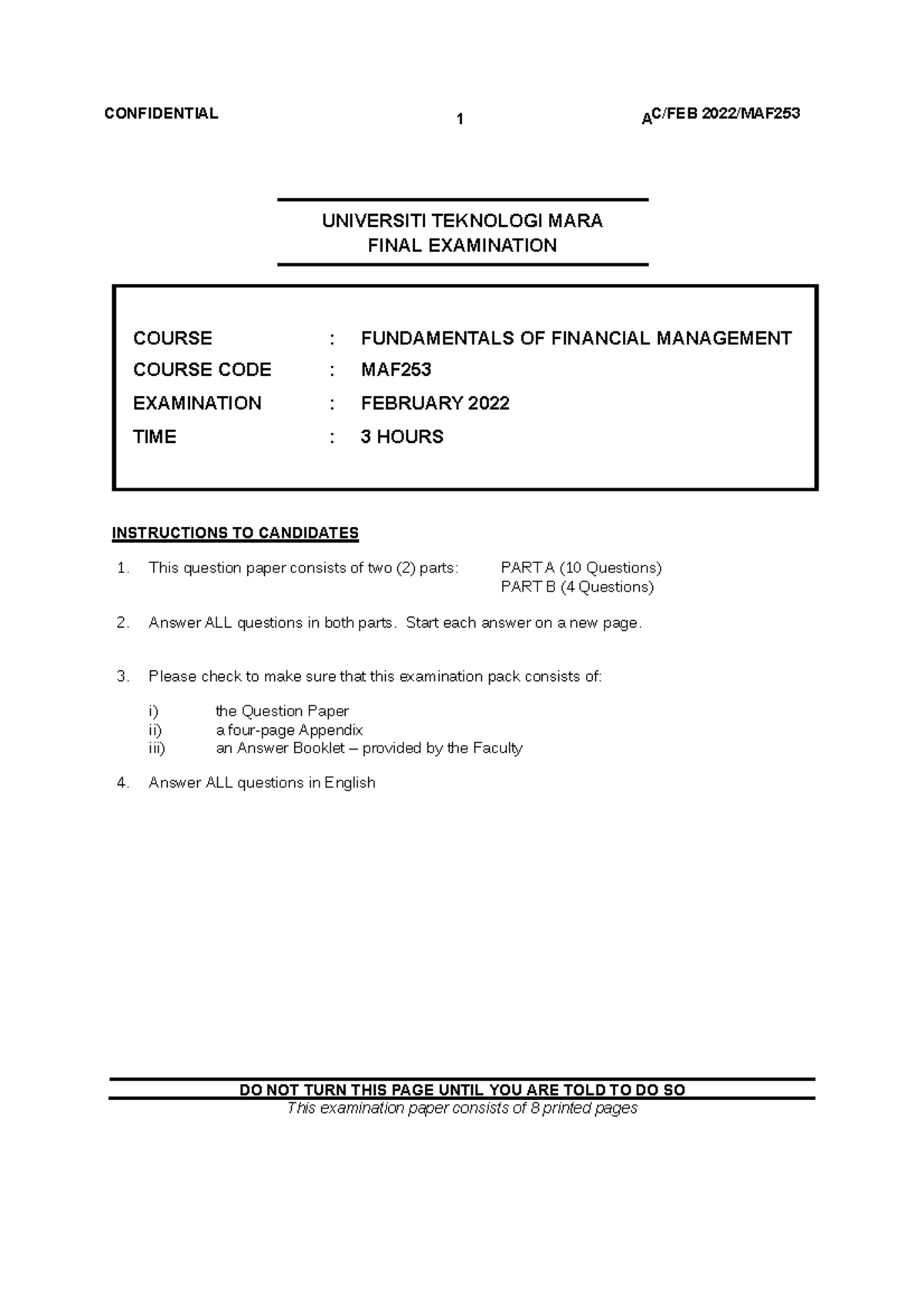 MAF253 FEB 2022 - PAST YEAR - CONFIDENTIAL C/FEB 2022/MAF COURSE : FUNDAMENTALS OF FINANCIAL ...