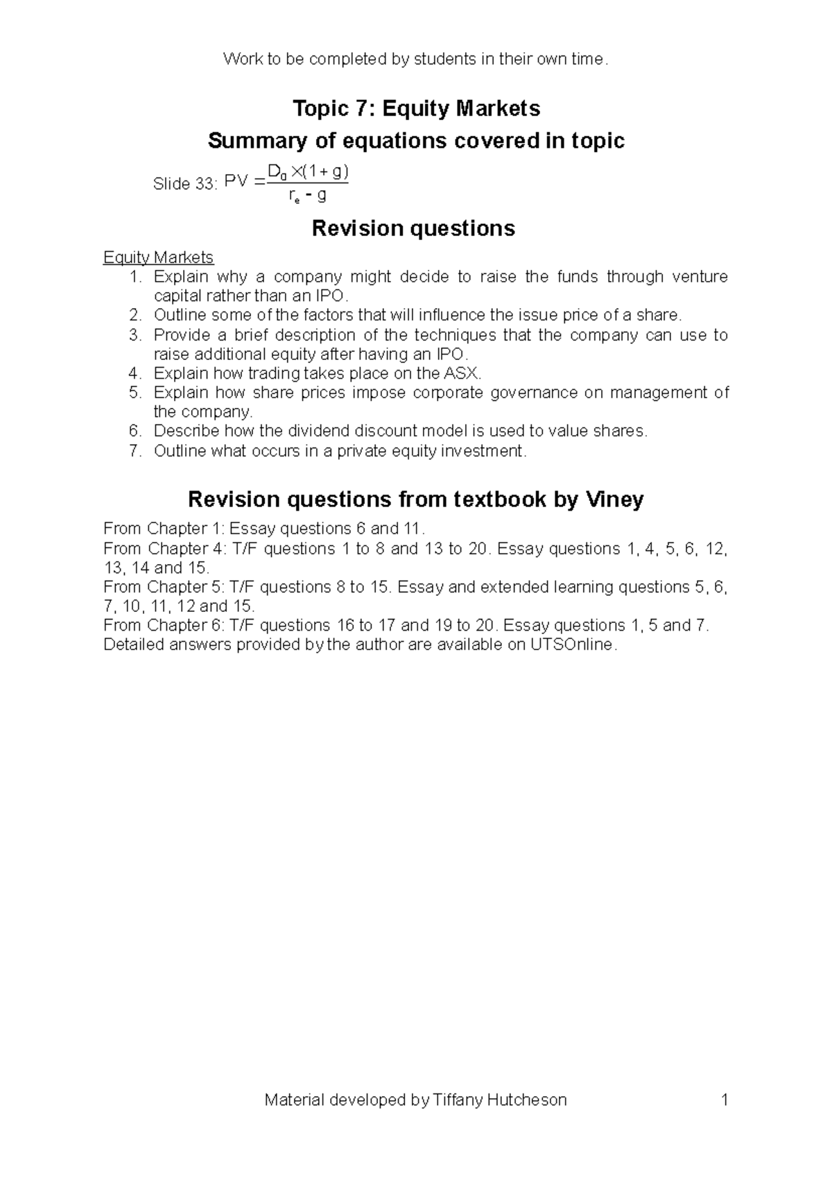 Revision Topic 7 - lecture - Work to be completed by students in their ...