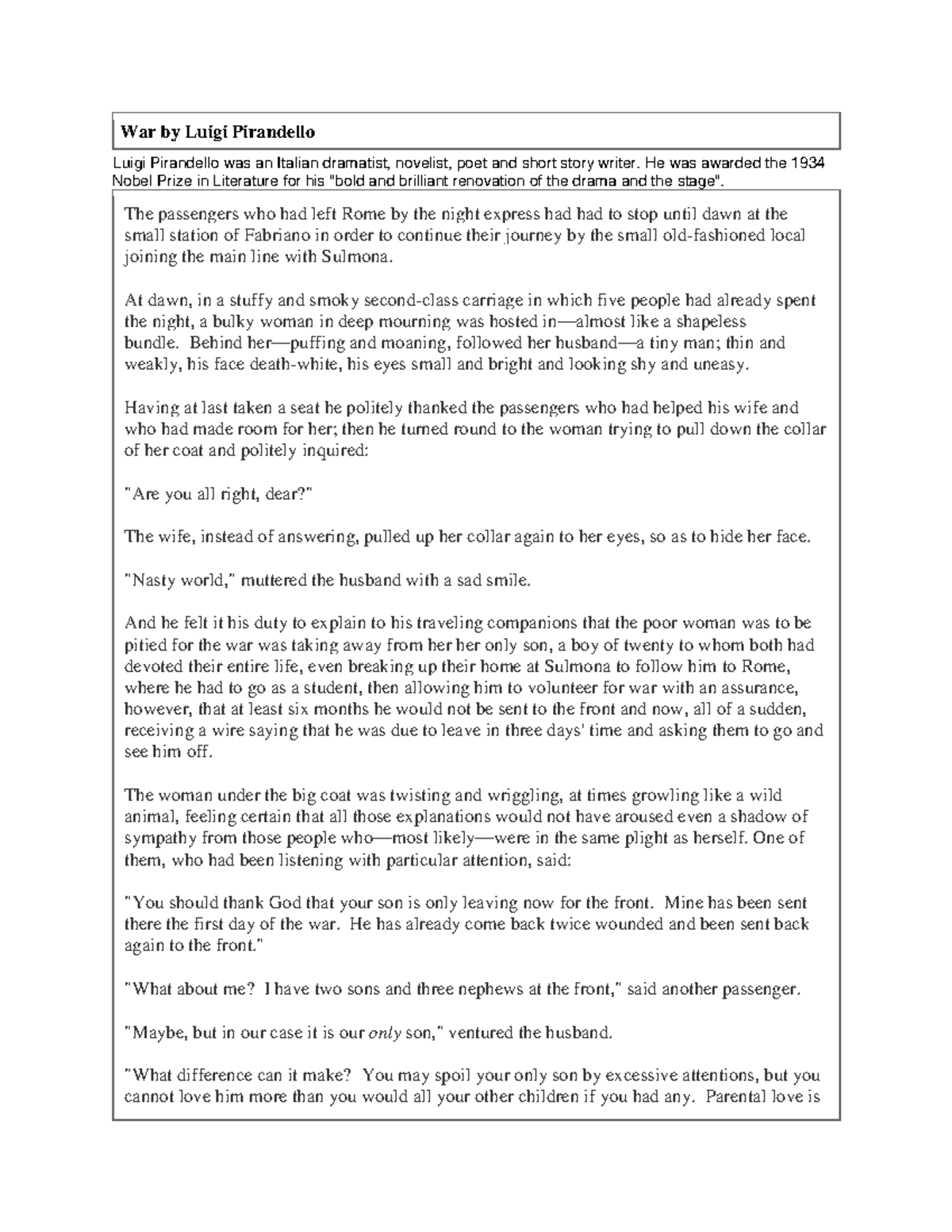 War-Pirandello-Luigi - War by Luigi Pirandello Luigi Pirandello was an ...