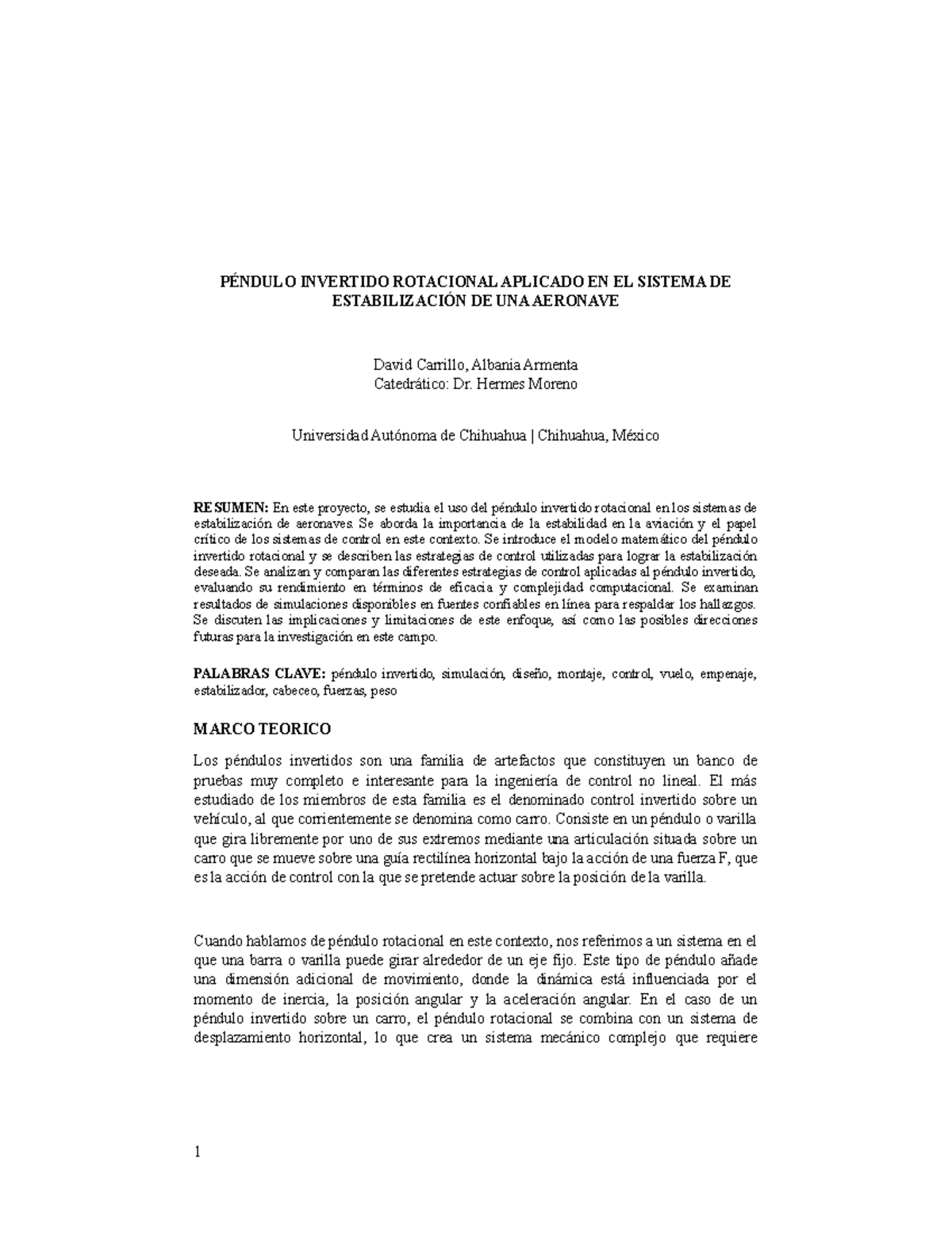 Proyecto SDC articulo - PÉNDULO INVERTIDO ROTACIONAL APLICADO EN EL ...